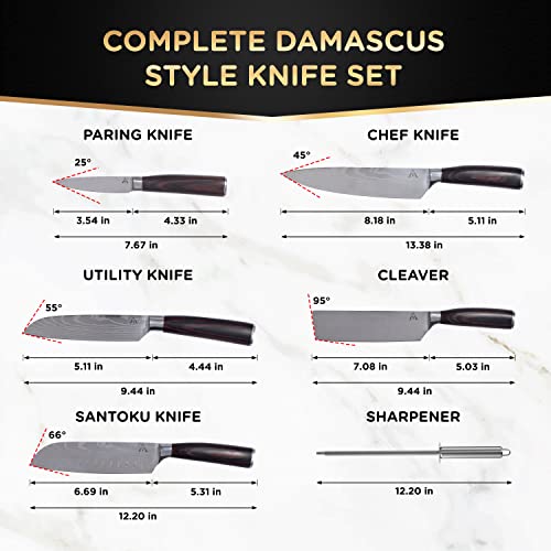 Spartan Knife Block- Complete Damascus Style Knife Set for Men- 5 Chef Knives, Knife Sharpener & Bamboo Spartan Knife Holder. Funny Stabbed Man Knife Holder- Unique Knife Holder