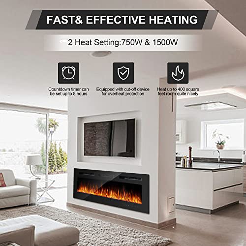 MEPTY 60" Electric Fireplace, Recessed and Wall Mounted Fireplace Insert, Fireplace Heater and Linear Fireplace with Remote Control, Timer, Adjustable Flame Color & Speed, Log Set & Crystal, Black