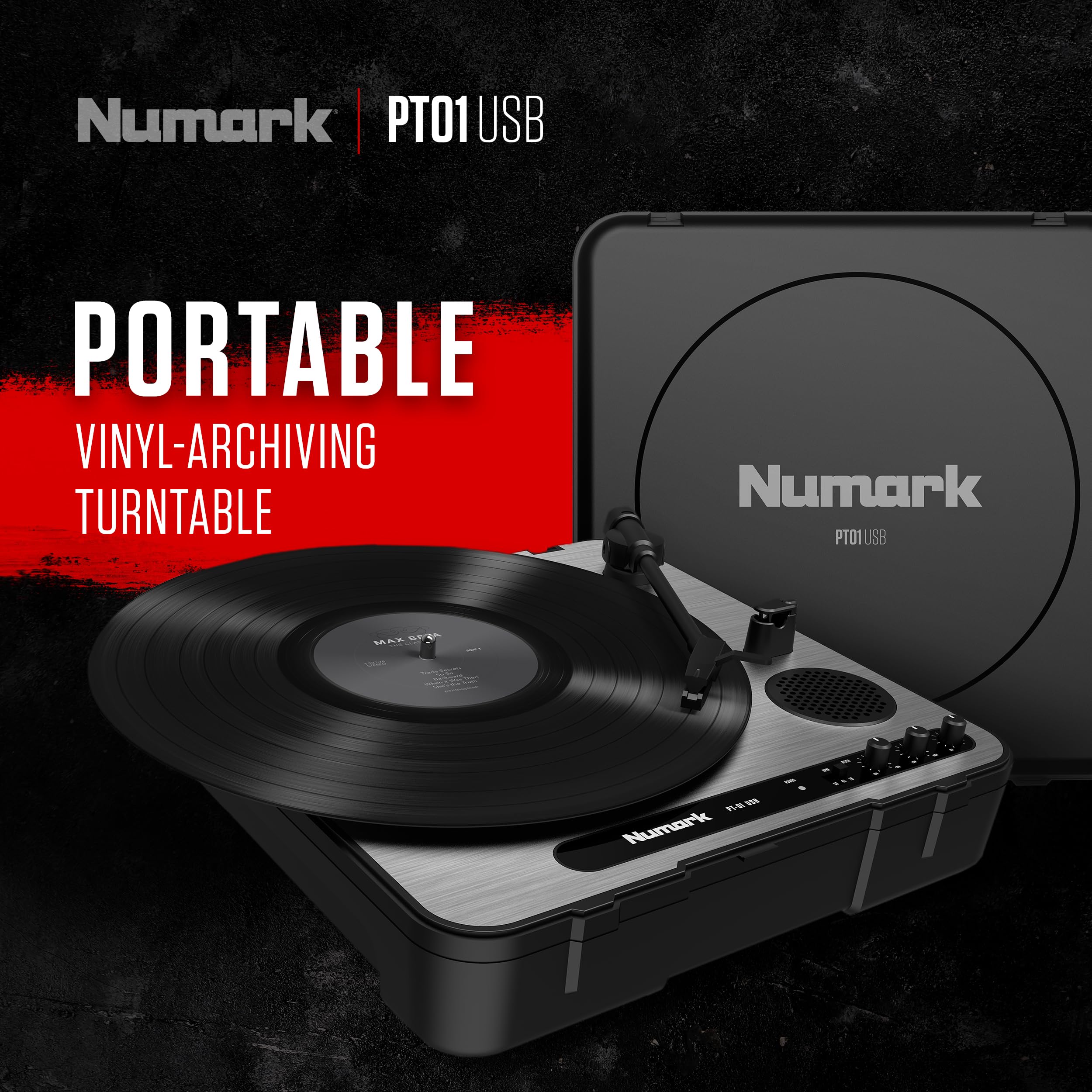 Numark PT01USB and Numark HF175 - Portable Vinyl Record Player, USB Turntable with Built in Speaker, Power via Battery and DJ Headphones