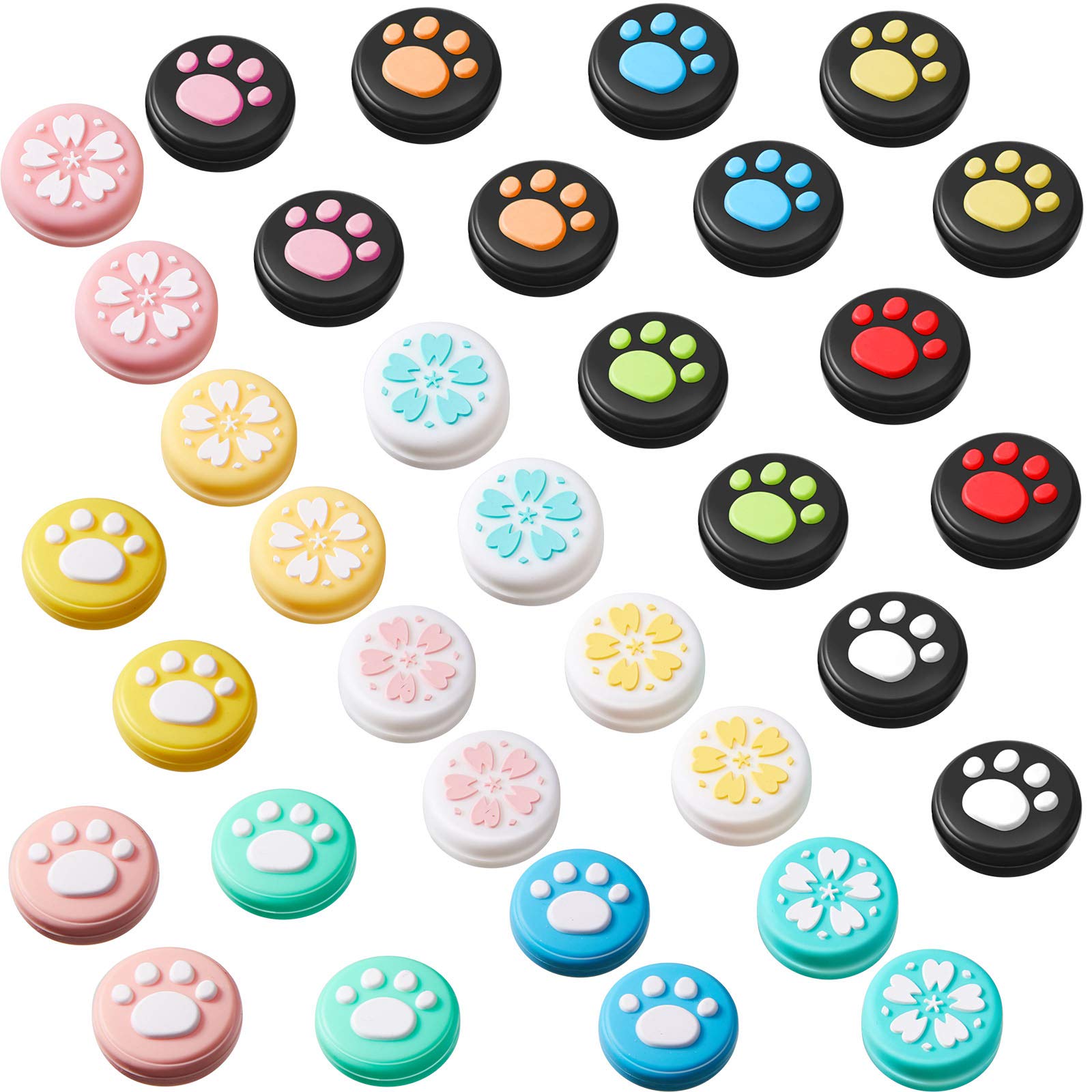Skylety 34 Pieces Replacement Cute Cat Claw and Flower Design Thumb Grip Thumb Grips Analog Stick Cover Joystick Silicone Cover Compatible with Nintendo Switch, Switch Lite and Joy-Con Controller