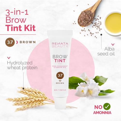 RB RENATA BEAUTY Lash and Brow Tint Kit – Eyelash & Eyebrow Tint Set – Dye Kit with Color Tint, Cream Developer and Styling Brush – Long-Lasting Effect Up to 4 Weeks – 30 Applications [Brown]