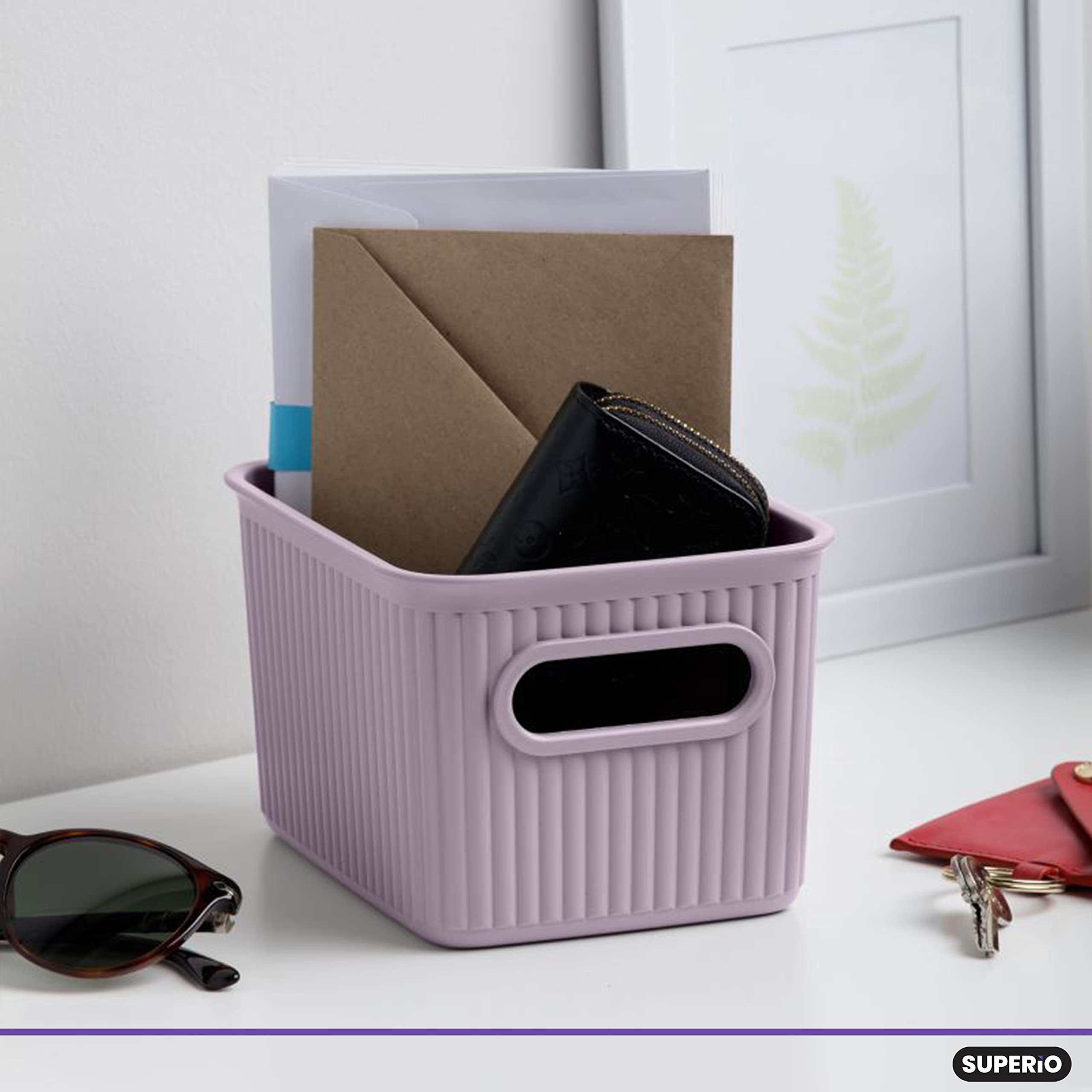 Superio Ribbed Collection - Decorative Plastic Open Home Storage Bins Organizer Baskets, Small Lilac Purple (1 Pack) Container Boxes for Organizing Closet Shelves Drawer Shelf 1.5 Liter