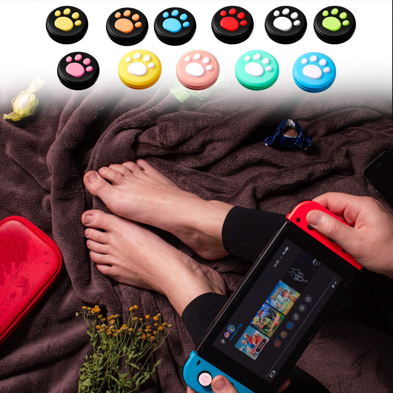 Skylety 38 Pieces Replacement Thumb Grips Silicone Joystick Button Covers Analog Stick Covers Cute Paw Lemon Flower Design Compatible with Nintendo Switch, Switch Lite Joy-Con Controller