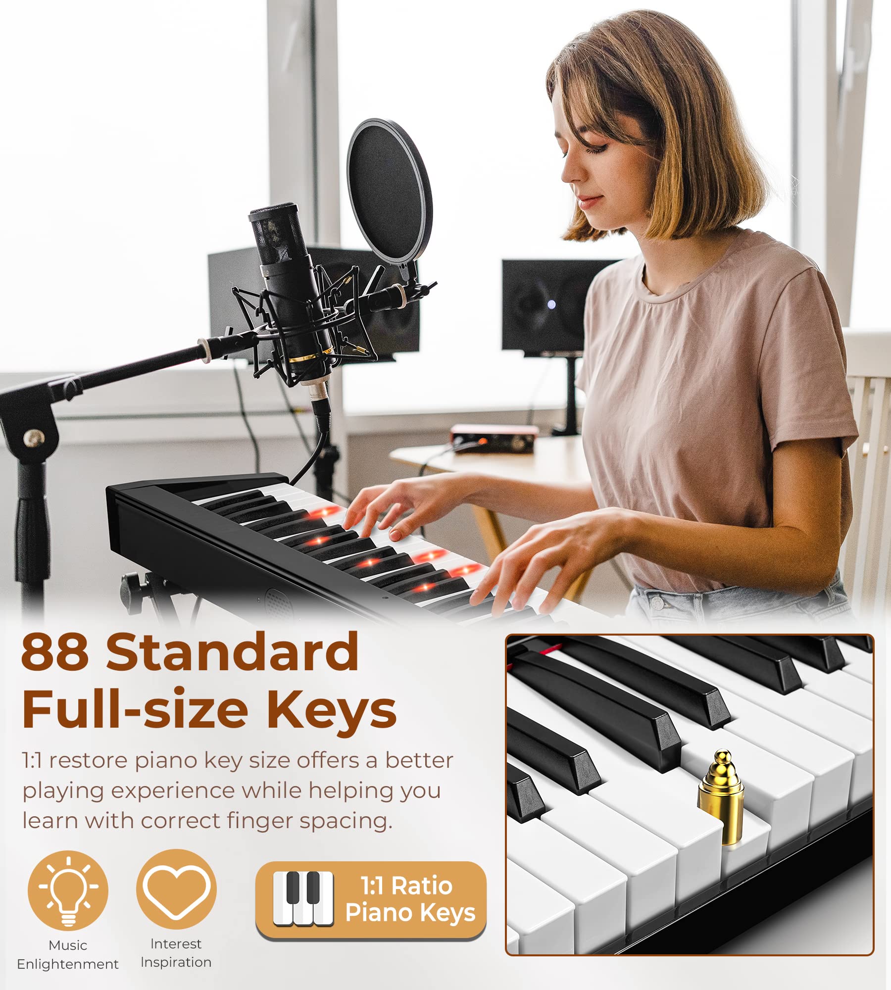 Vangoa Portable Piano Keyboard for Beginner, 88 Lighted Keys for Learning Full Size Piano, Wireless Connection, Sustain Pedal, Power Supply and Gig Bag, Black