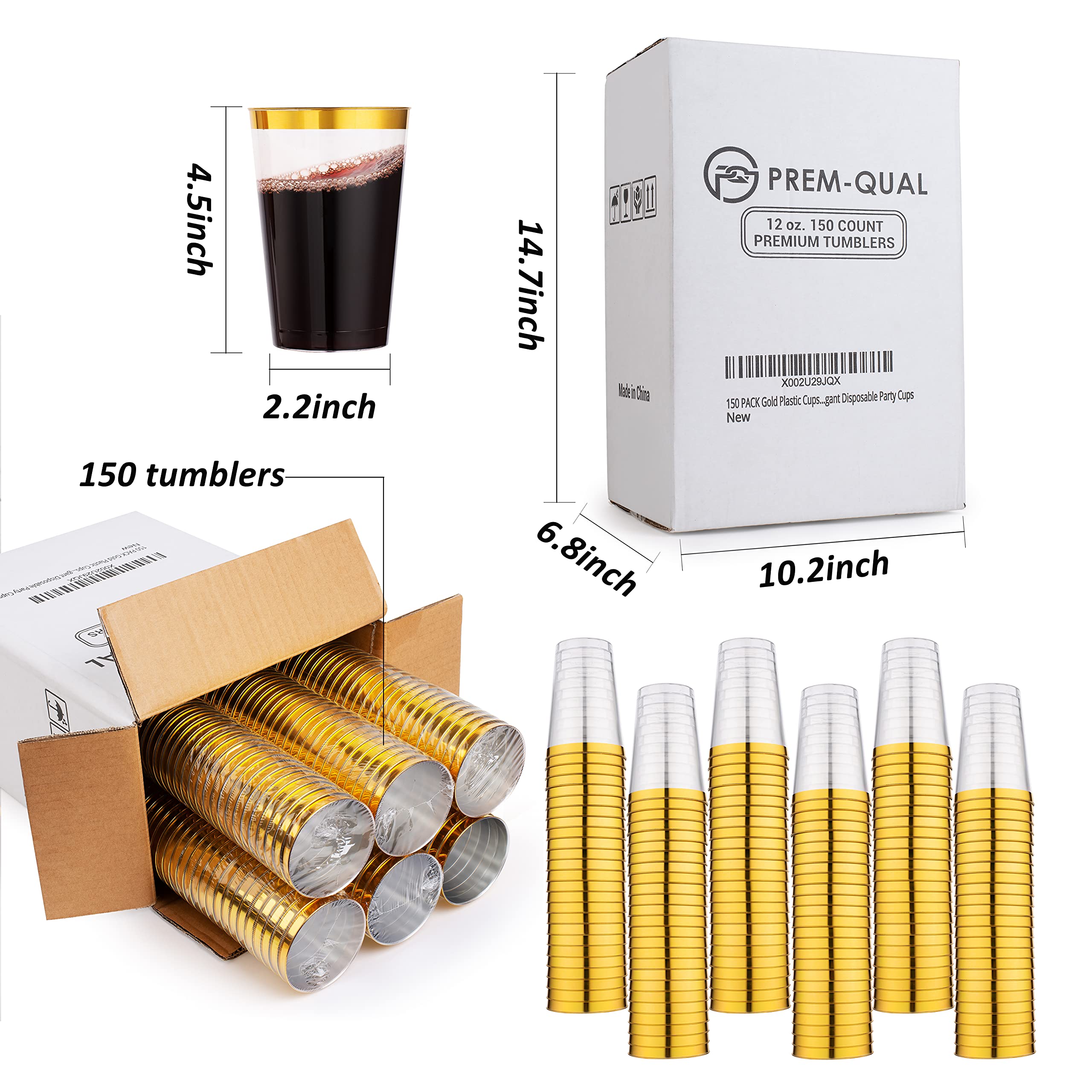 PREM-QUAL 150 Gold Rimmed 12oz Plastic Disposable Heavy Duty Elegant Gold Cups for Wedding, Baby Shower or Any Party