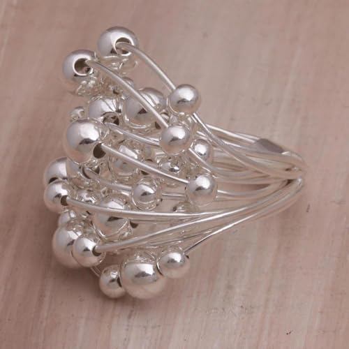 NOVICA Artisan Handmade Sterling Silver Cocktail Ring 925 Artistic from Bali No Stone Indonesia Modern [ring Front 1.2 in H x 1.2 in W x 0.4 in D Band Width 5 mm W] ' Stellar Orbs'
