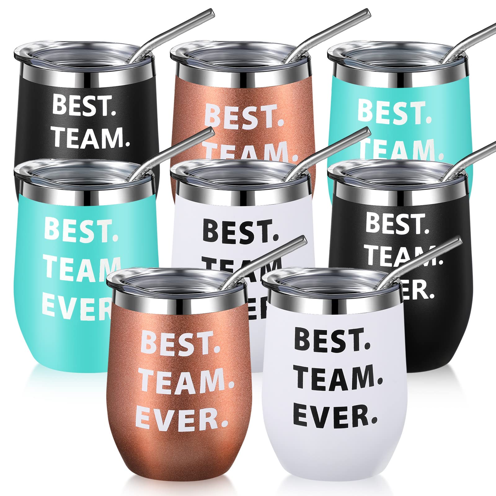 Pinkunn 8 Pcs Best Team Ever Tumblers Thank You Employee Appreciation Gifts Stainless Steel Insulated Wine Tumbler Christmas Team Gifts with Lid and Straw for Coworkers Women Men, 12 oz(Black)