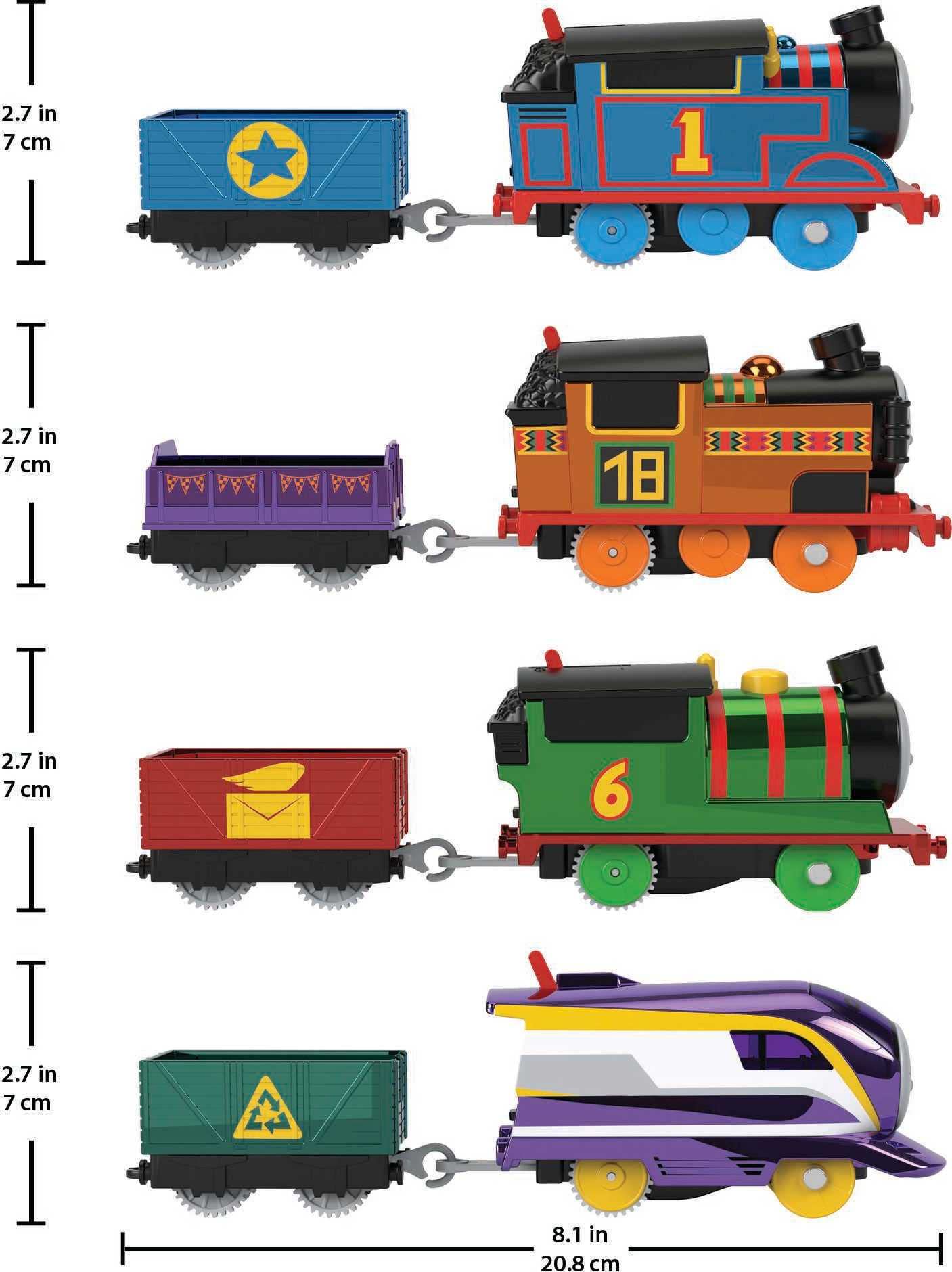 Thomas & Friends Thomas, Nia, Percy, & Kana Motorized 4-Pack Train Engine Set for Preschool Kids Ages 3 and up & Trackmaster Builder Bucket, Storage Container with 25 Train Track and Play Pieces