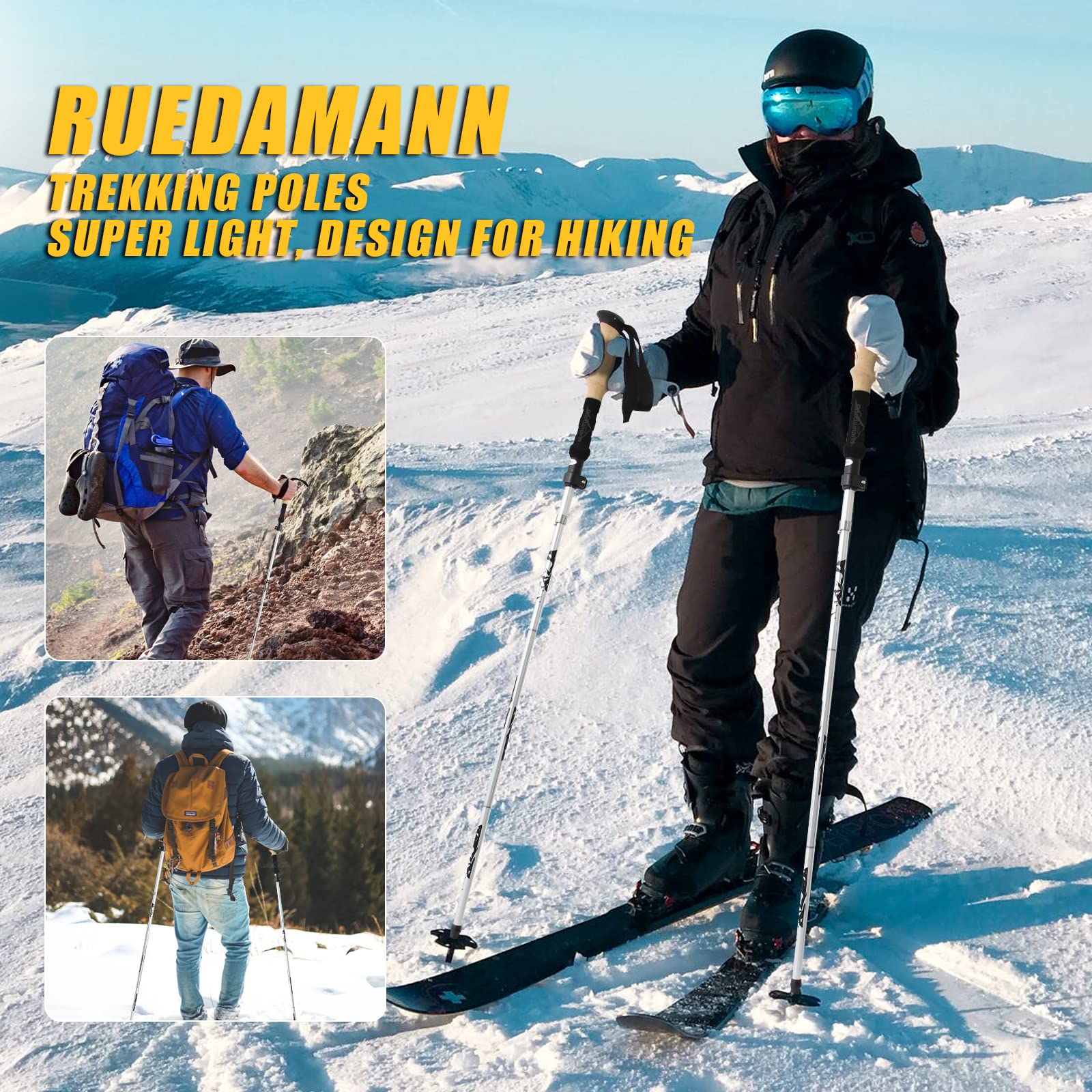 Ruedamann 2 Pack Collapsible Trekking Poles,440 lbs Capacity,Folding Hiking Walking Sticks with Cork Grip for Women Men,Lightweight 7075 Aluminum, Quick Flip-Lock,6 Sets Terrain Accessories,Silver