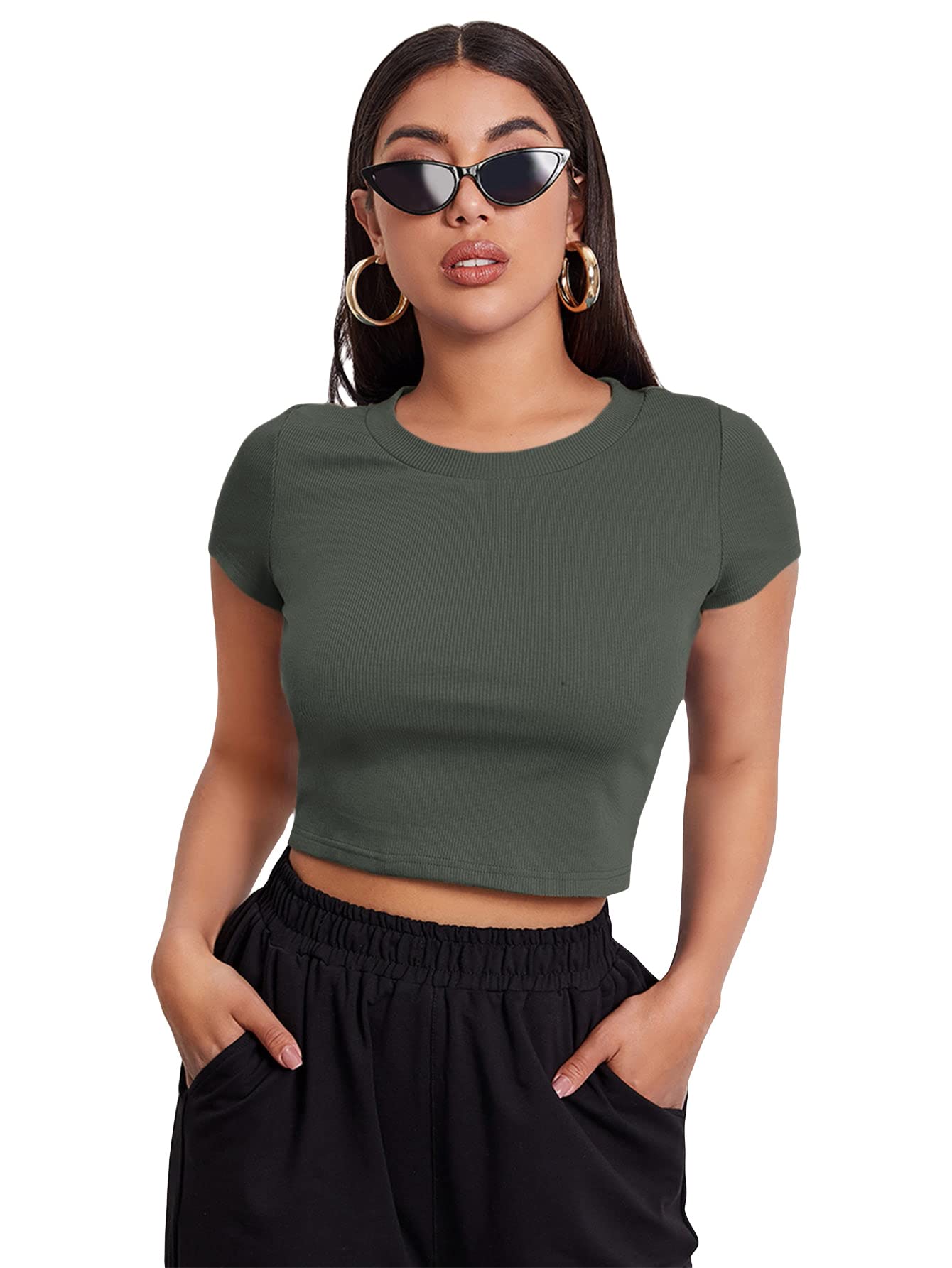 Romwe Women's Casual Summer Crop Top Solid Short Sleeve Workout Crop Blouse Tee T-Shirt Grey Solid L