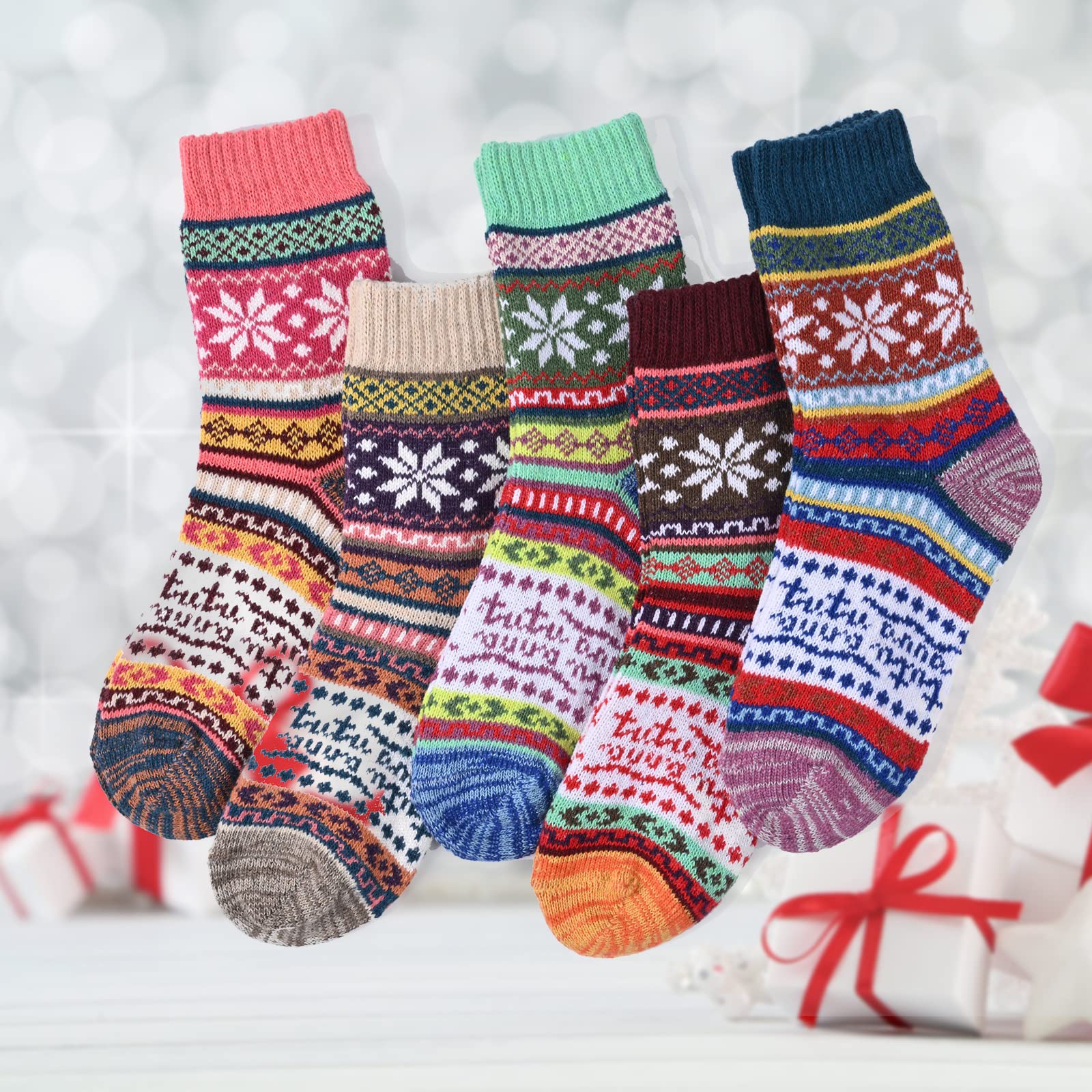 QIYISS 5 Pack Womens Wool Socks Winter - Soft Warm Cold Knit Wool Crew Socks Christmas Gift Socks for Women Vintage Casual Socks