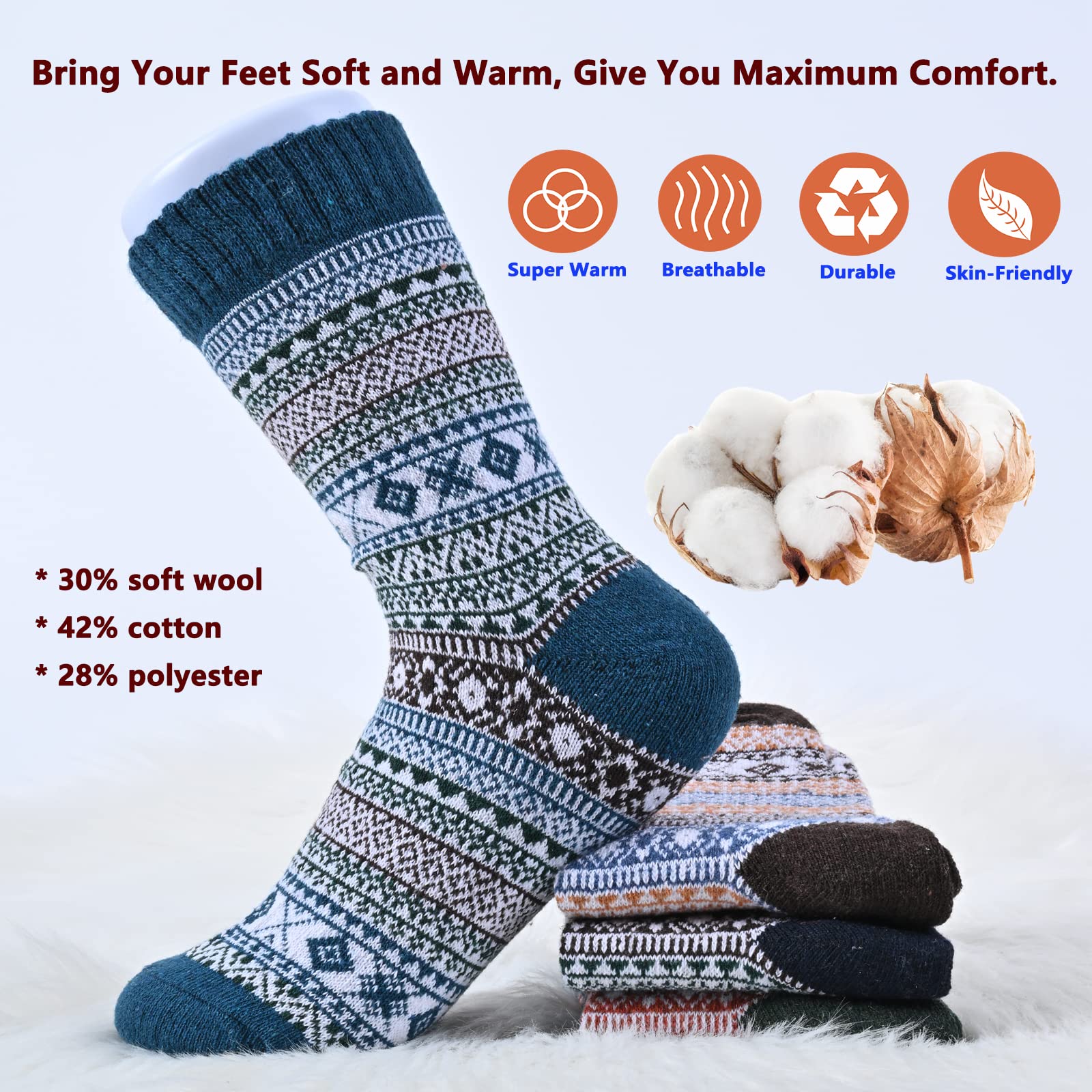 QIYISS 5 Pack Womens Wool Socks Winter - Soft Warm Cold Knit Wool Crew Socks Christmas Gift Socks for Women Vintage Casual Socks