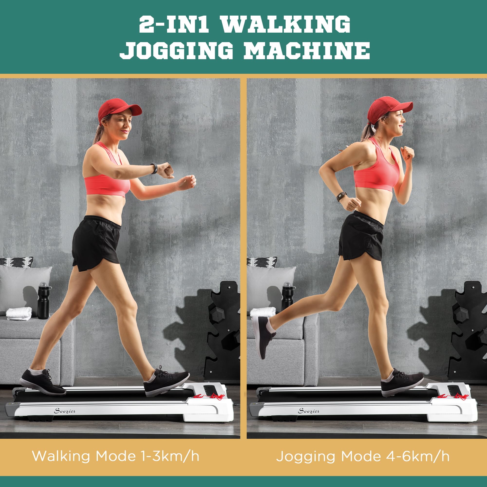Soozier Compact Walking Pad, 2-in1 Under Desk Treadmill, Walking Jogging Machine with Bluetooth, Remote Control, 12 Pre-Programs, Transport Wheels, Installation-Free, for Home Gym Office