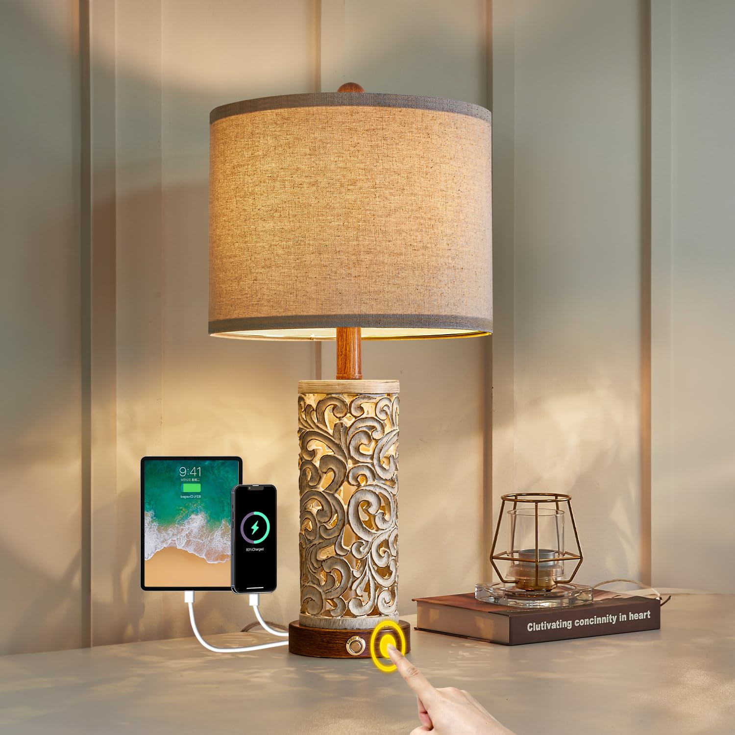 OYEARS 3-Way Dimmable 22'' USB A+C Touch Control Table Lamp with Nightlight for Living Room Bedroom Farmhouse Bedside Nightstand Lamps (1 Bulbs and 1 Built-in LED Beads Included)…