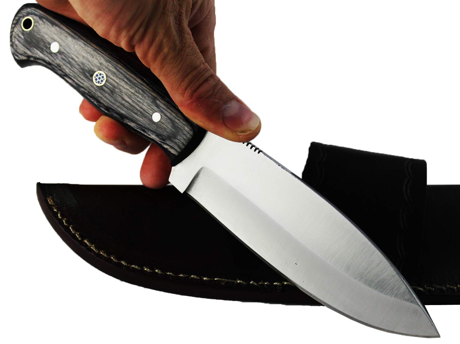 Moorhaus Full Tang Bushcraft Knife - Black & Blue Wood Handle - Handmade Good for Camping/Hunting/Skinning - Fixed Blade Knife Includes Leather Sheath