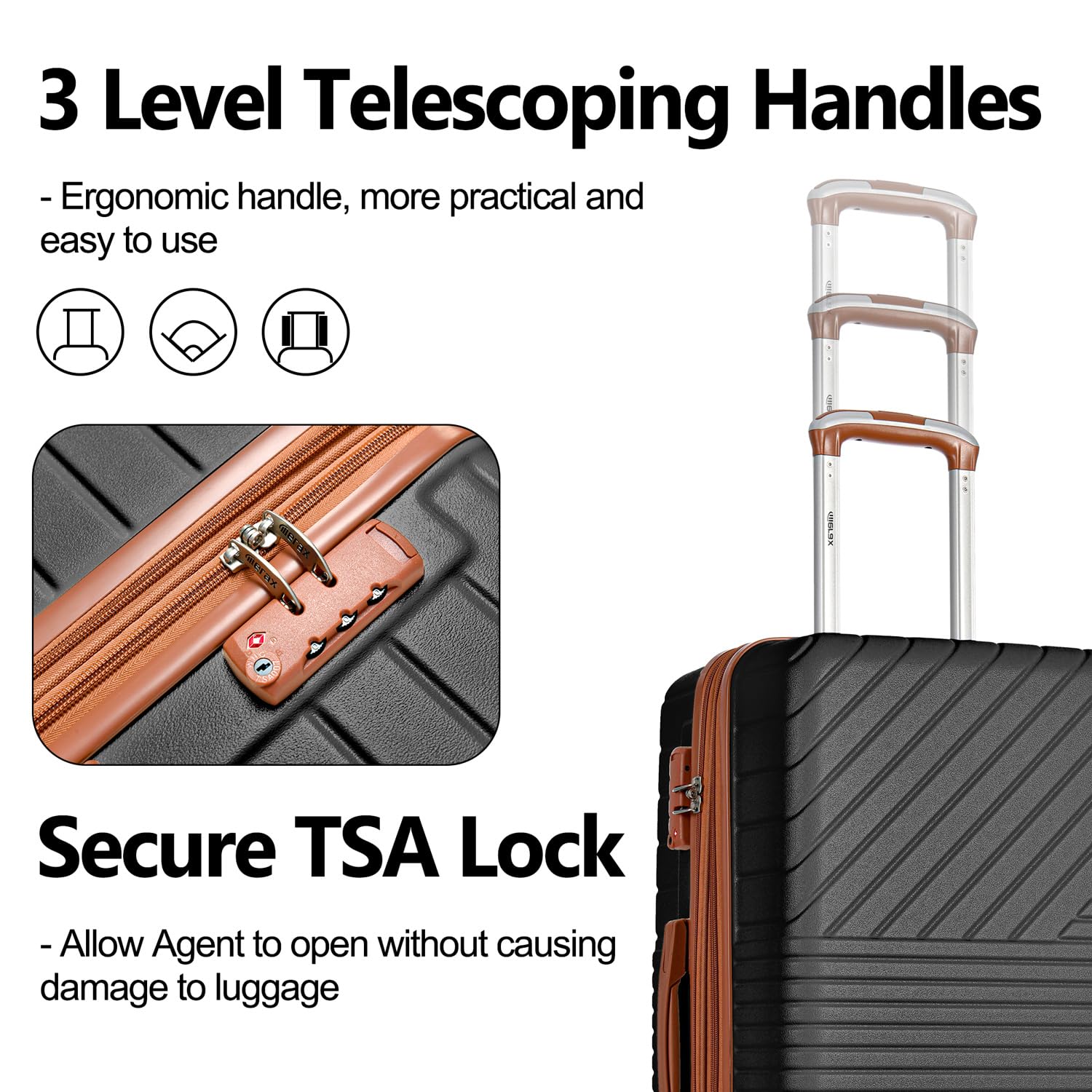 Merax Luggage Sets 3 Piece Suitcases Set ABS Expandable 8 Wheels Spinner Suitcase, TSA Lock Travel Luggage For Man And Women (Black Brown)