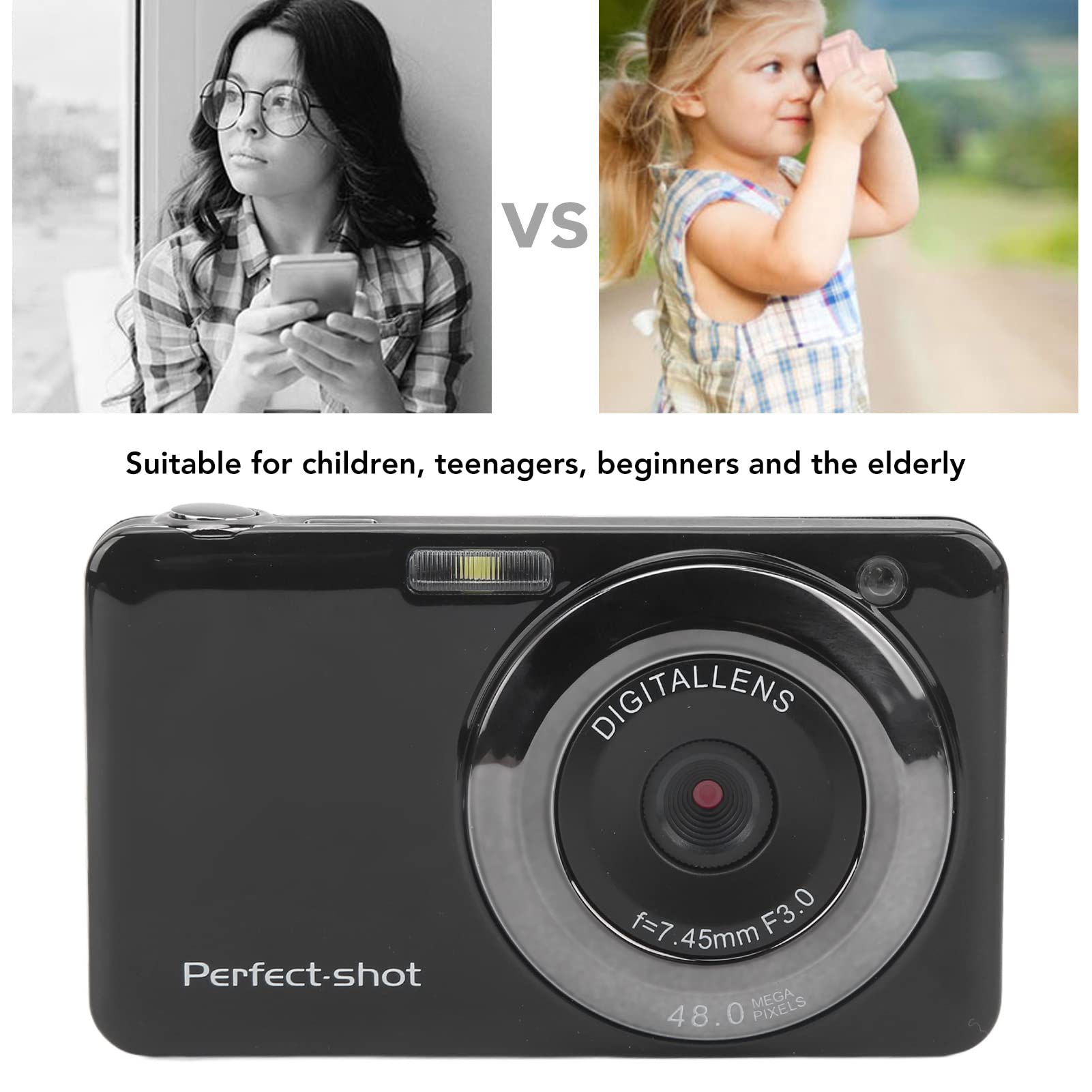 Portable Digital Camera, 48MP HD Digital Camera with 2.7in Screen and 8X Zoom, Vlogging Camera for Children Beginners, Supports 32GB Storage Expansion (Black)