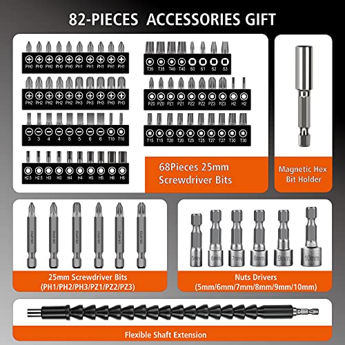 Volltek Cordless Screwdriver, 8V Max 10Nm Electric Screwdriver Rechargeable Set with 82 Accessory Kit and Charger in Carrying Case, 21+1 Cluth, Dual Position Handle, LED Light, VTCD2623