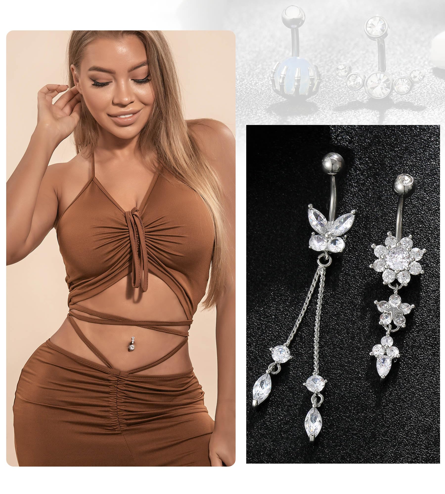 Shakalaka 9pcs Surgical Steel Belly Button Ring for Women Belly Piercing Dangling Cute Heart Butterfly Navel Rings Pack Silver Color