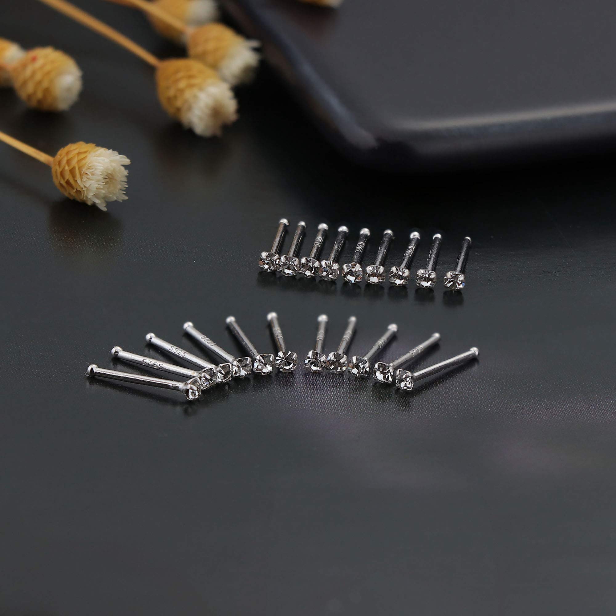 Sllaiss 20Pcs Sterling Silver Nose Studs for Women Men Inlaid 2mm Czech Crystals 925 Silver 20G Cartilage Piercing