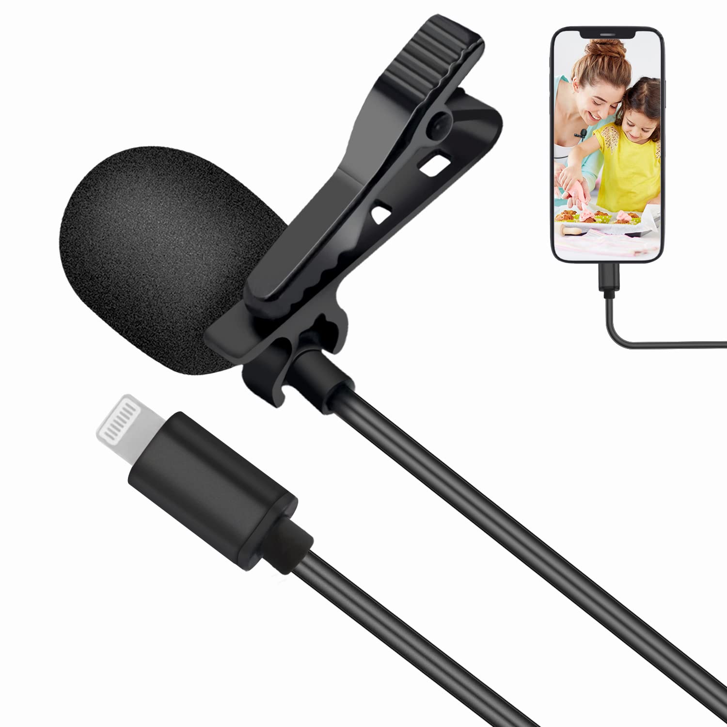 Ryscam Microphone for iPhone Recording, Lavalier Microphone with 2 Wind Muff, Omnidirectional Mini Microphone Condenser for Vlogging, Video Recording, YouTube Interview ＆ Online Teaching- 10ft