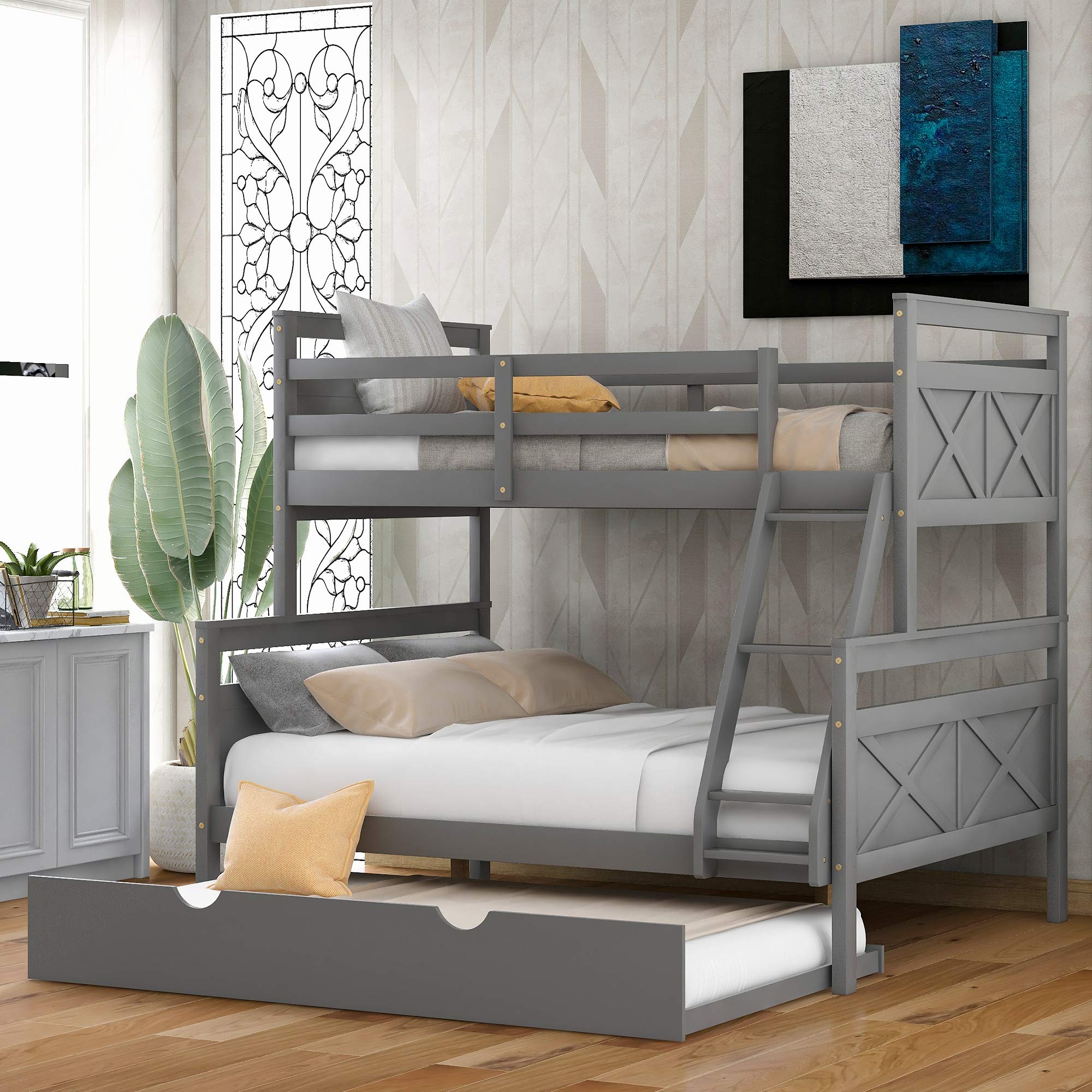 Merax Twin over Full Wood Bunk Bed with Trundle and Safety Guardrail for Teens, Guests,No Box Spring Needed, Gray