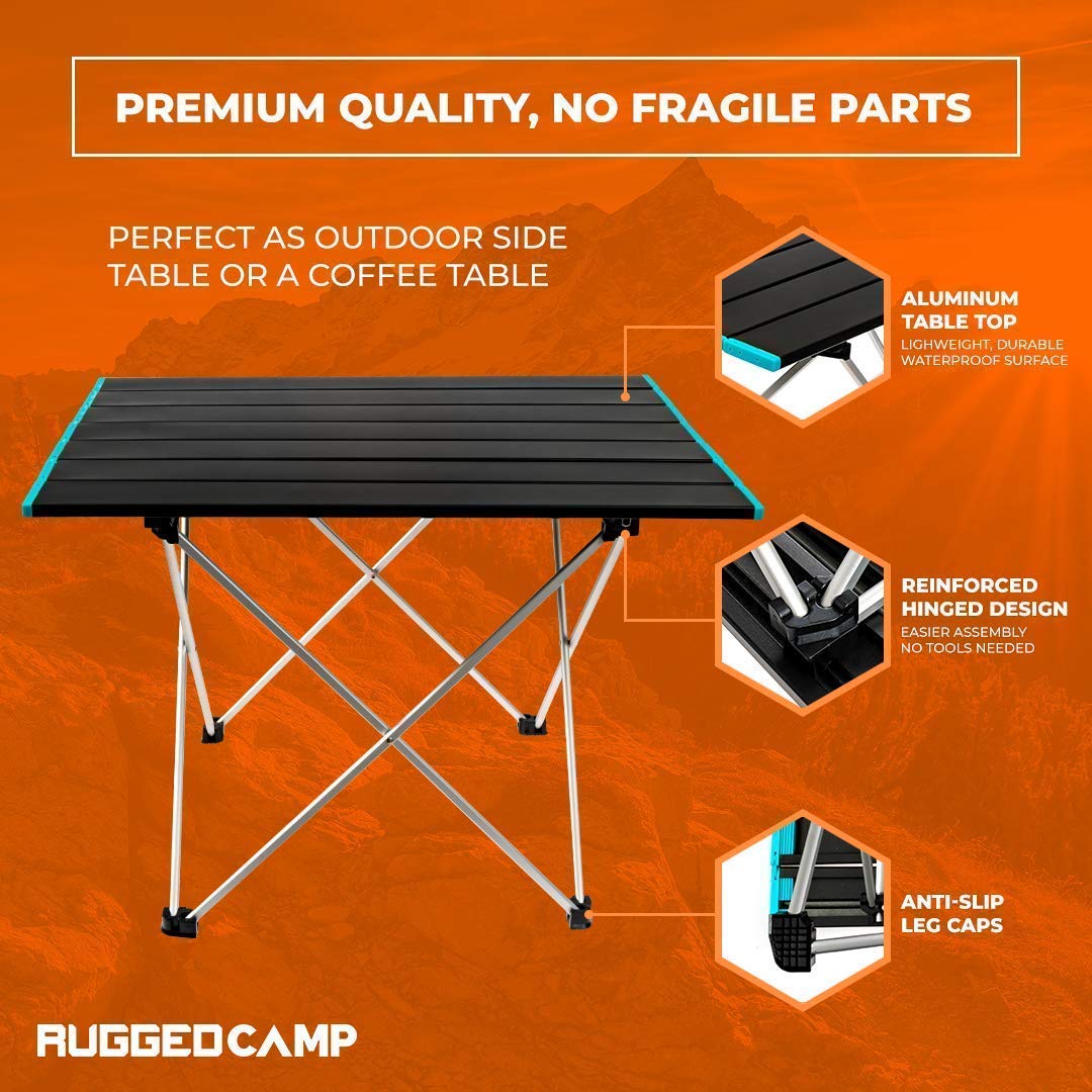 Rugged Camp Camping Mini Table - 3 Sizes - Table in A Bag - Backpack Table or Side Table - Easy to Clean Aluminum Top - Ideal for Outdoors, Camping, Backpacking, Beach, Picnics - Small