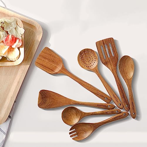 Natural Wood Kitchen Utensil Set - Spoons, Spatulas, Ladles, Strainer Spoon, Salad Fork, Mixing Spoon - with Spoon Rest (A07)