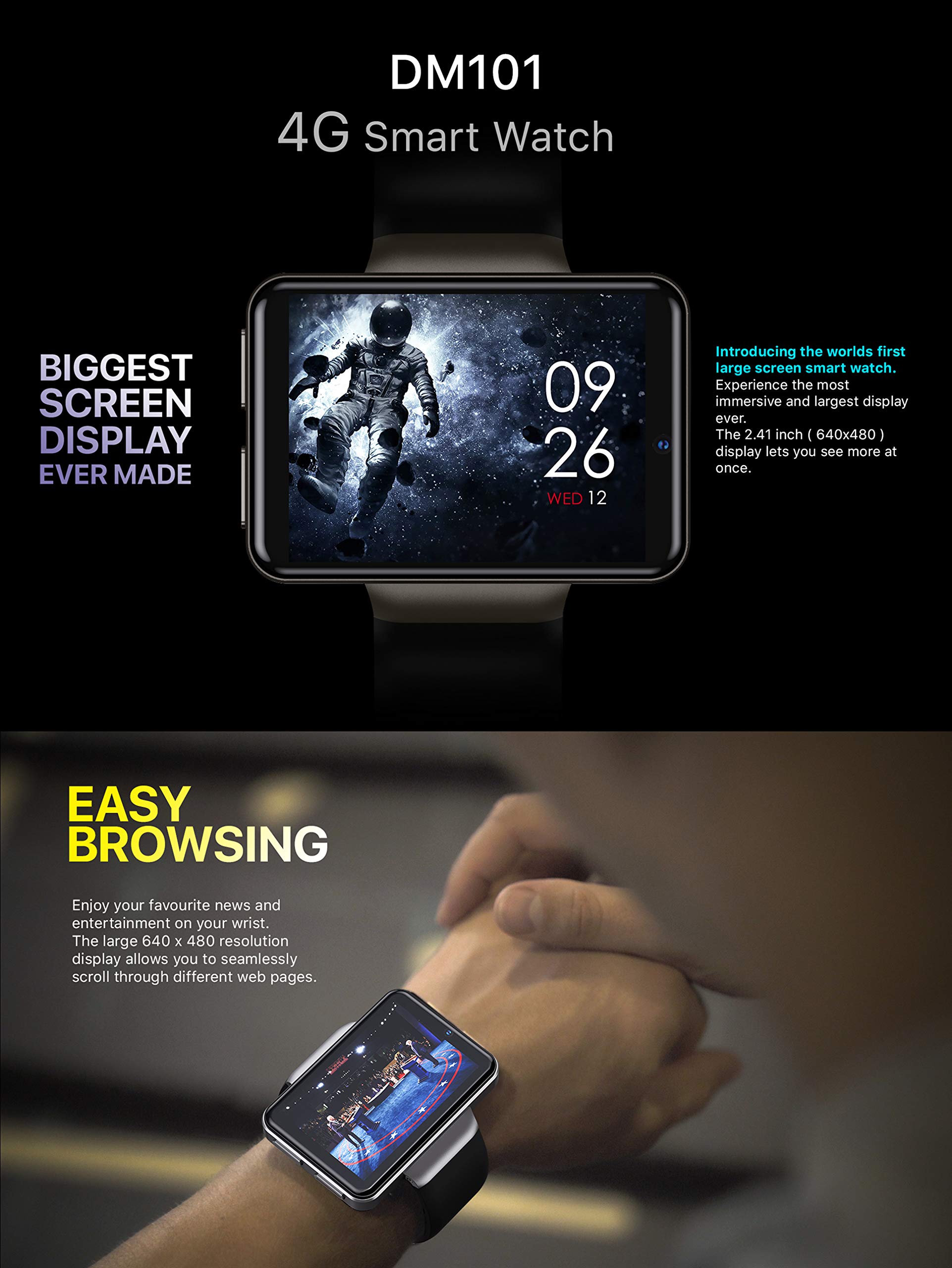 Rainbuvvy DM101 4G Smart Watch for Men 2.41" Display Android 7.1 3GB RAM 32GB ROM 2080mAh Watch Phone with Face ID Dual Camera Bluetooth GPS IP67 Waterproof Smartwatch (Black)