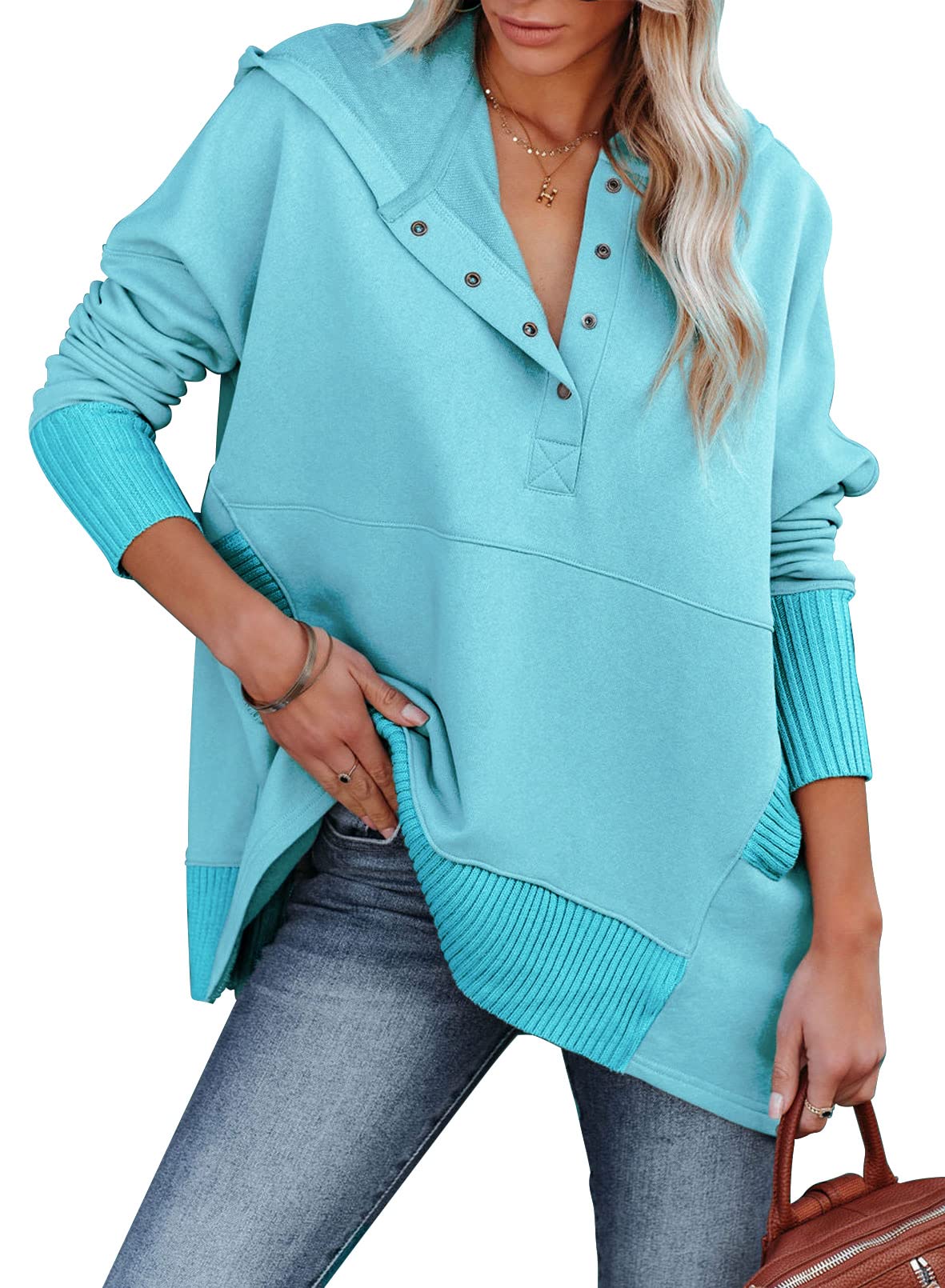 SANDERY Women's Fall Oversized Hoodies 2022 Casual Button V Neck Pullover Sweatshirt Tops with Pockets Large Sky Blue