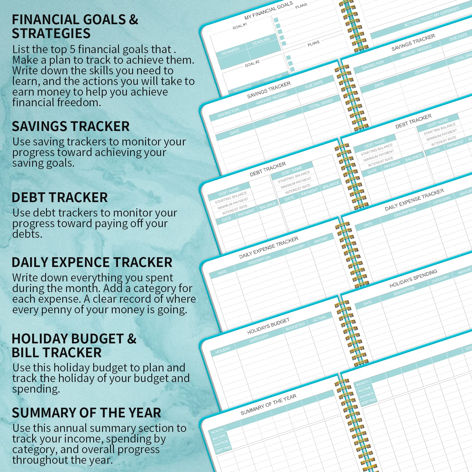 Regolden-Book Budget Planner - Undated Monthly Bill Organizer with Pockets, Hardcover Budget Book, Financial Planner & Accounts Book to Control Your Money. 12 Months-Teal, A5 Size(8.5''x6")