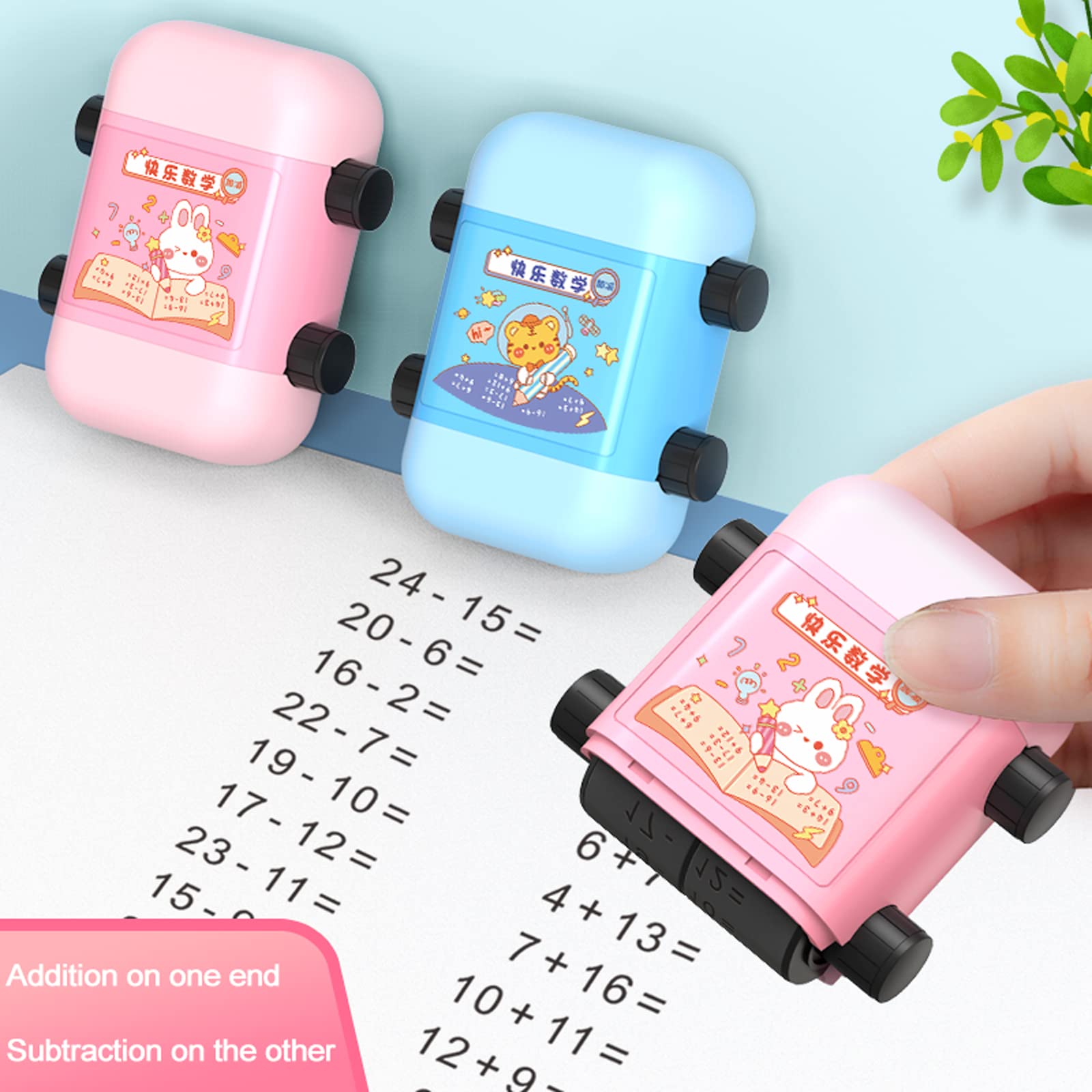 Teaching Stamps for Kids,2 in 1 Math Practice Stamps Within 100,Addition and Subtraction Dual Head Smart Math Roller Stamp,Math Learning Toy for Preschool Kindergarten Classroom Supplies Pink