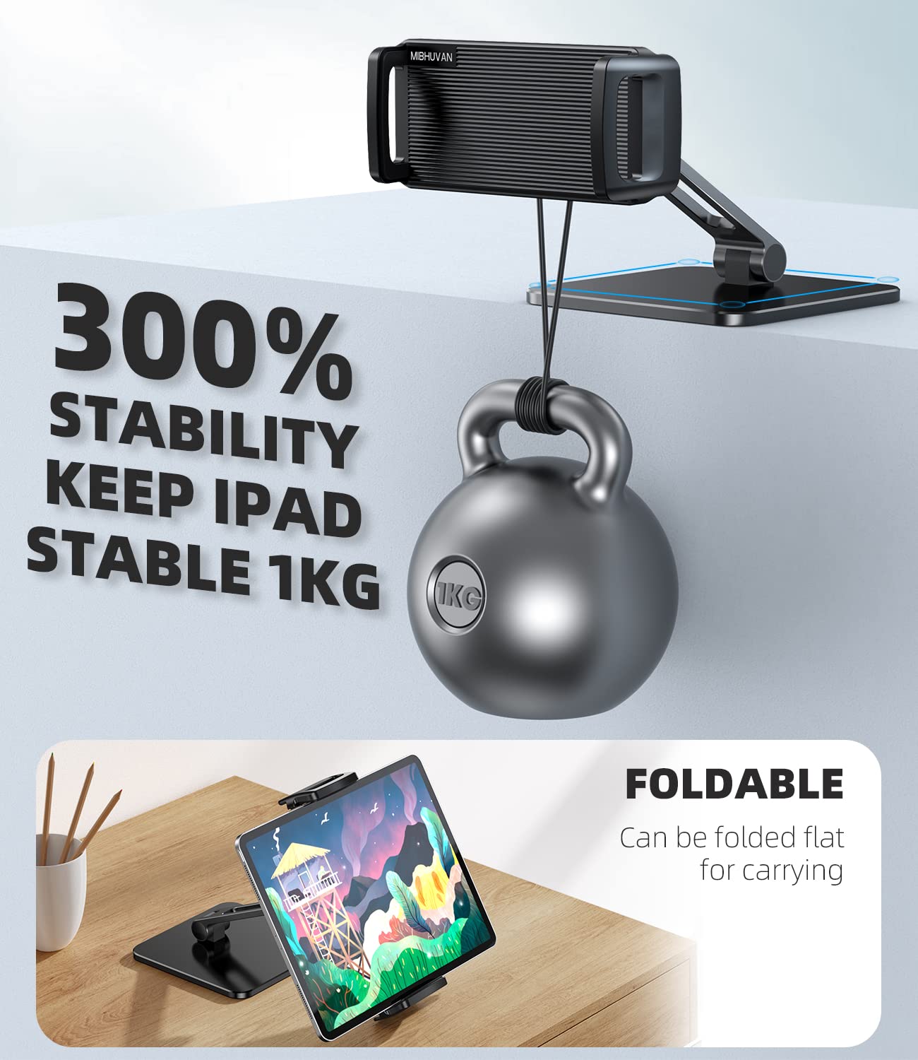 Tablet Stand Holder for desk, Mibhuvan Adjustable & Foldable Aluminium alloy Heavy Duty Base Desktop Stand Holder Dock Compatible with iPad Pro 12.9/11, Air, Mini, Tabs, Kindle, (4.7-13")Tablet, Black