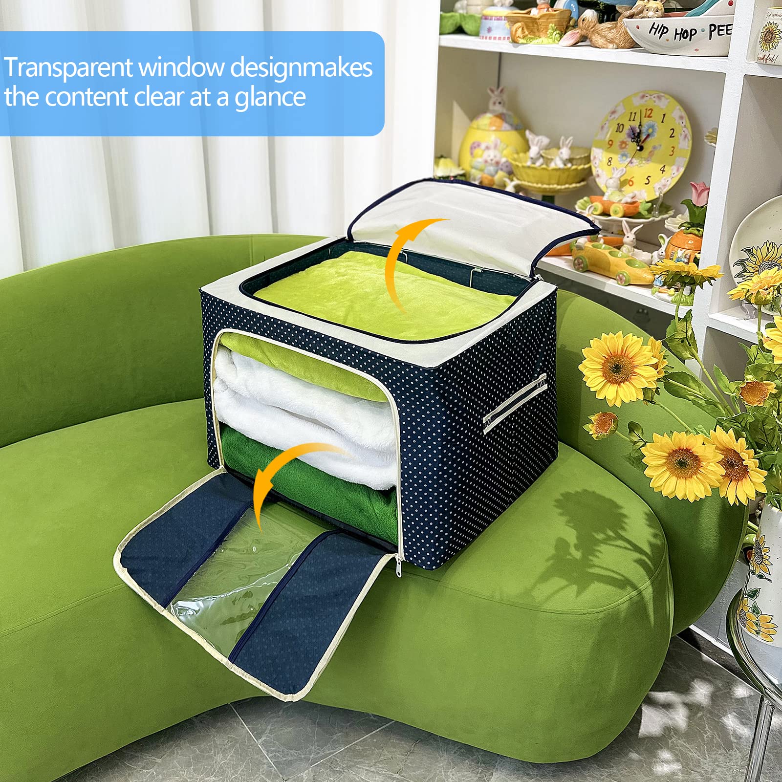 RPS-IND 3Pack，(Grey 66L) Foldable Clothes Storage Containers Bins, Steel Frame Structure, Oxford Cloth, Transparent Window and Reinforced Hand。Fabric Storage Bins，Storage Bins with lids