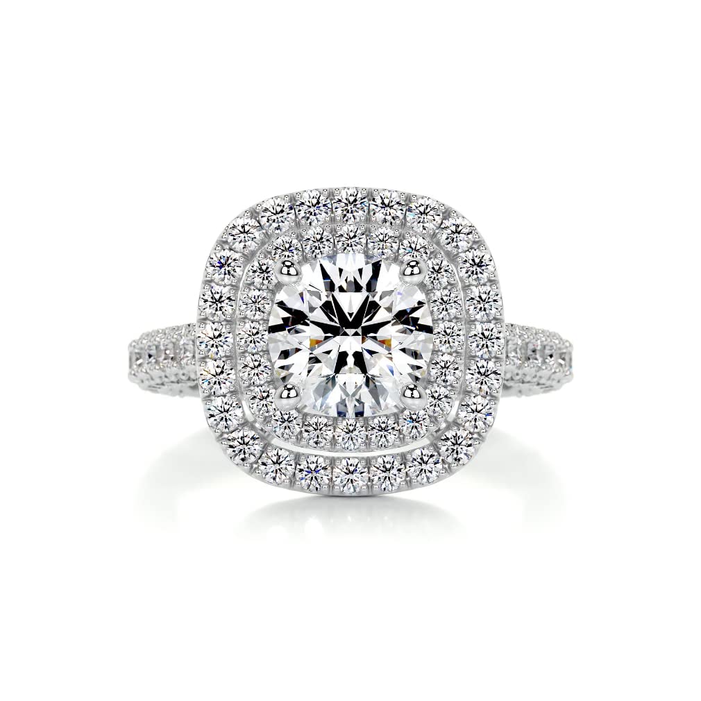 Solid Gold Handmade Engagement Ring 3 CT Round Cut Moissanite Diamond Double Halo Bridal Wedding Ring for Anniversary Propose Gift (14K Solid White Gold)