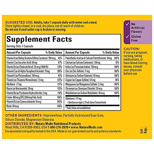 Nature Made Multi + Elderberry Capsules, Multivitamin for Daily Immune Support, One Per Day Multivitamin, 60 Count
