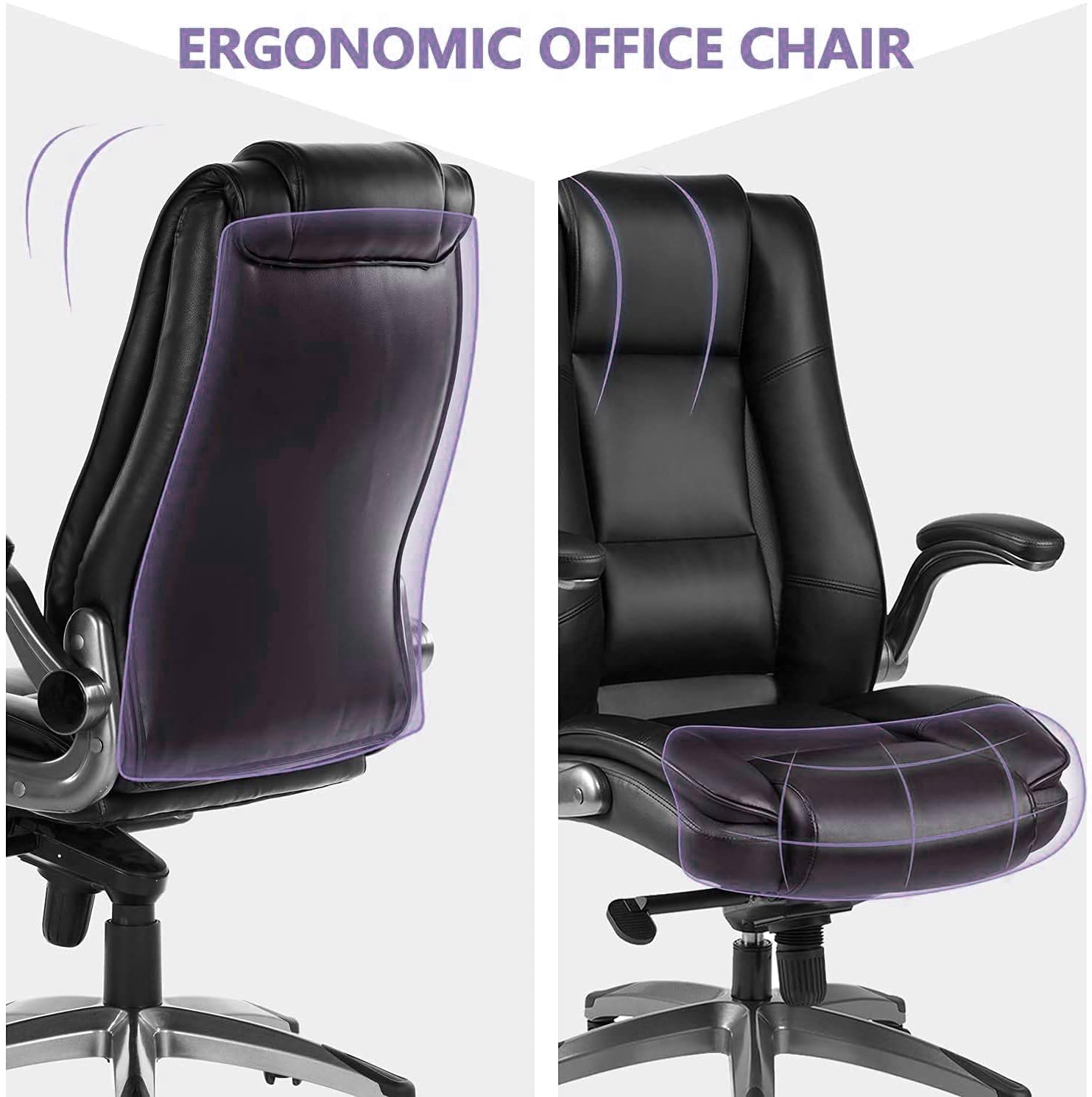 REFICCER Bonded Leather Office Chair - Adjustable Built-in Lumbar Support and Tilt Angle High Back Executive Computer Desk Chair for Office Workers & Students (Black)