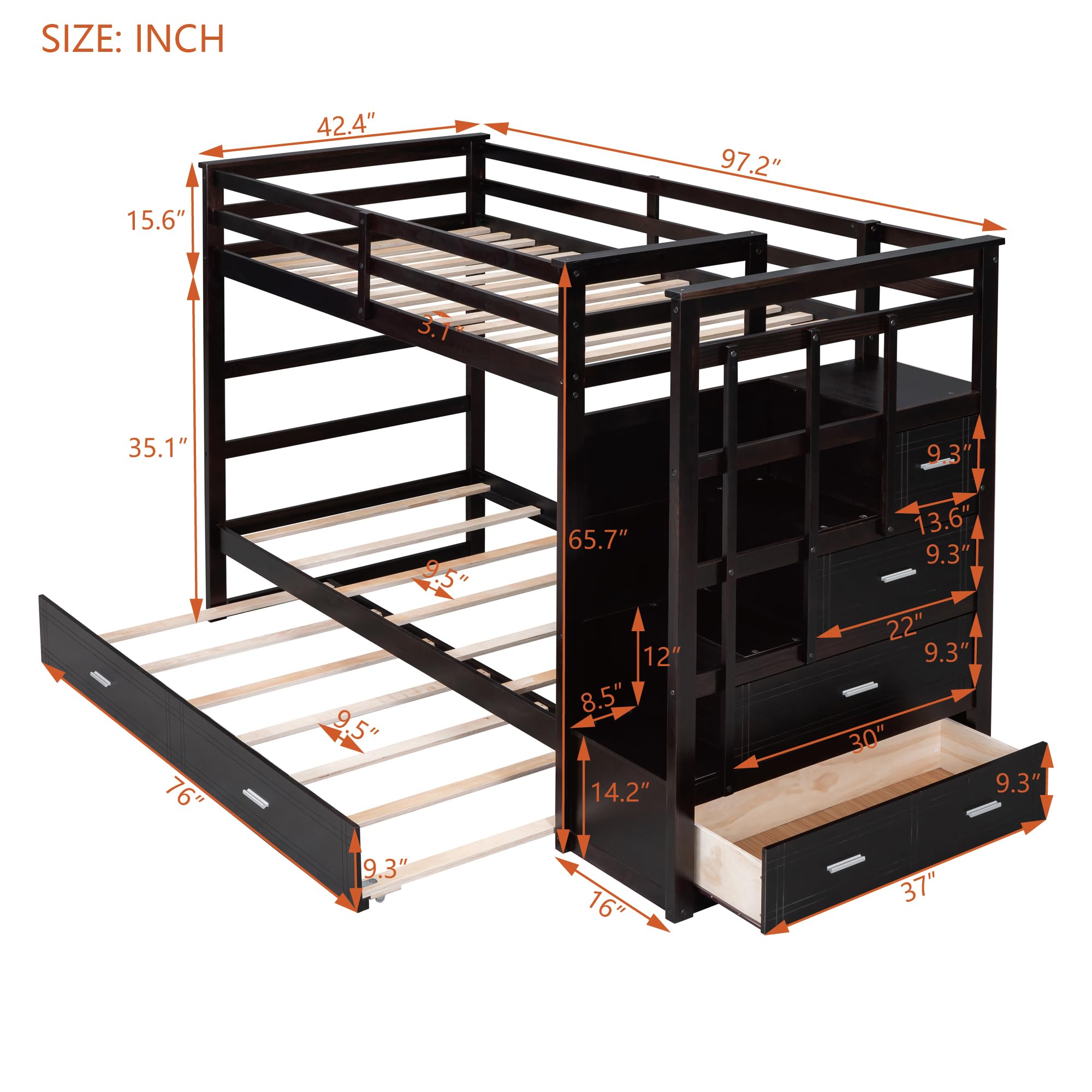 Merax Twin Over Twin Bunk Bed with Trundle, Solid Wood Stairway Bunk Bed Frame with 3 Storage Cabinet Staircase, No Spring Box Required, Espresso