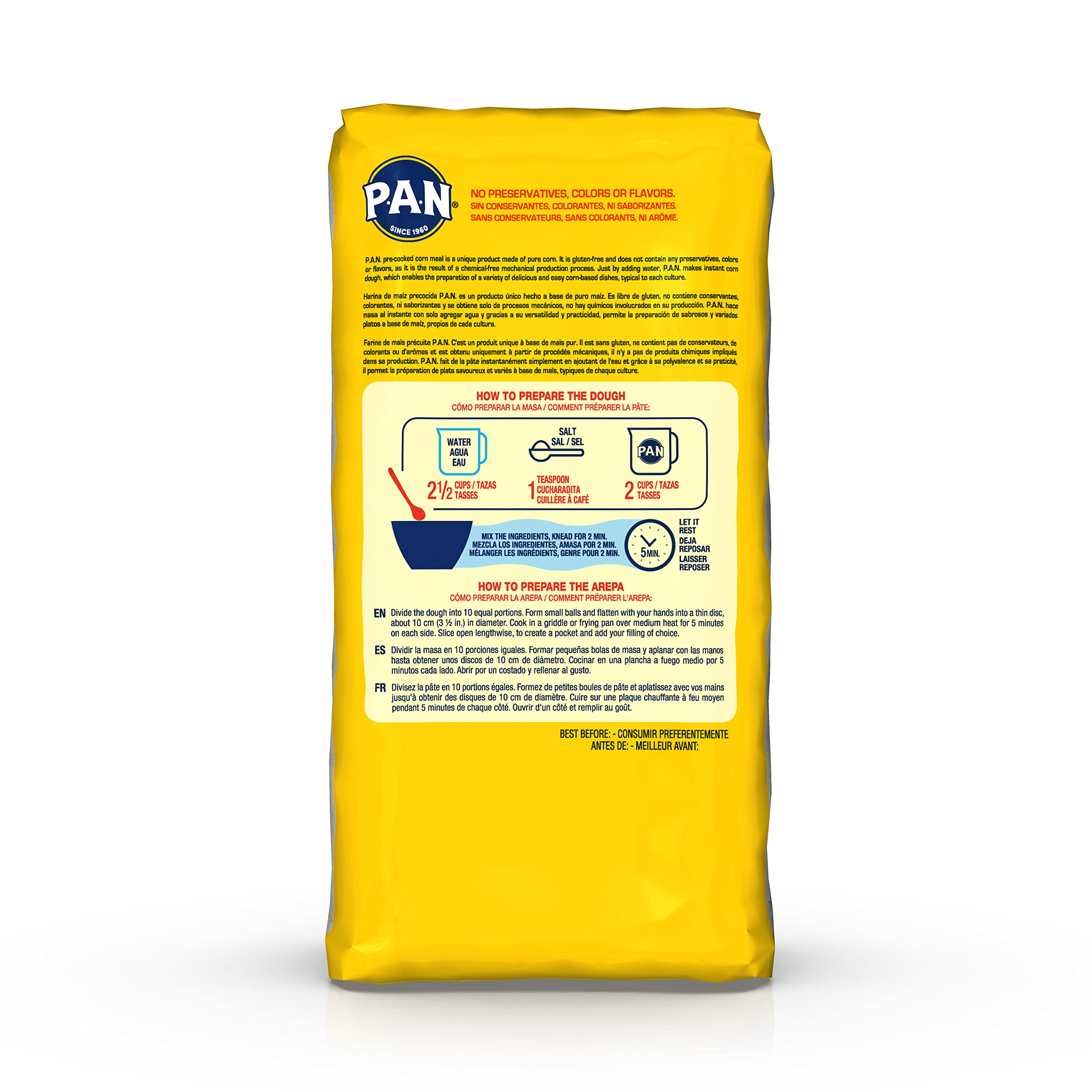 P.A.N. White Corn Meal – Pre-cooked Gluten Free and Kosher Flour for Arepas (2.2 lb/Pack of 4)