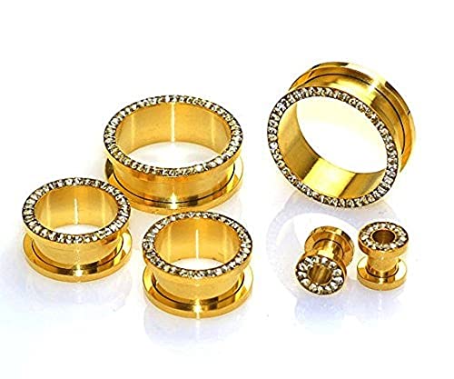 Screw-on 24k Gold PlatedPlugs/Gauges/Tunnels with Clear CZ 15/16'' (24MM) 2 Pieces (1 Pair) (A/5/3/A/10)