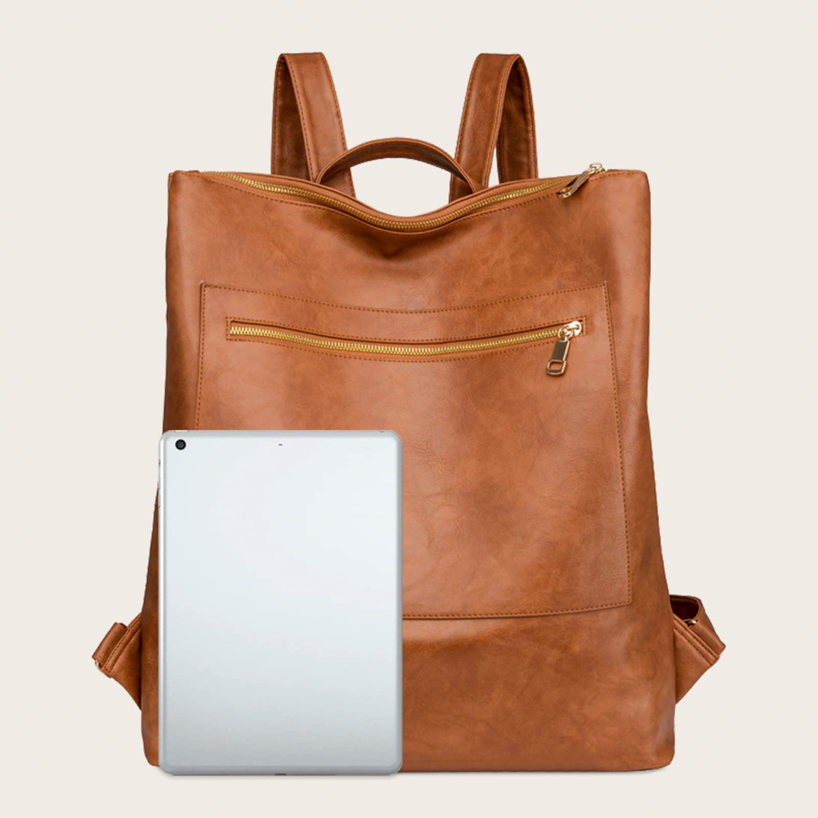 QTKJ Leather Backpack, Large Leather Purse, Vegan Leather Handbag, with Adjustable Shoulder Strap, Tote Bag for Women Travel, Work, Vacation, Khaki
