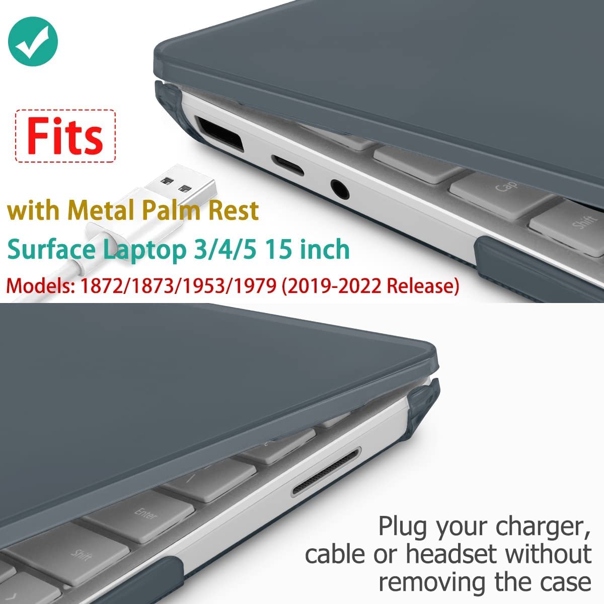 Mektron Designed 15" Microsoft Surface Laptop 3/4/5 Case 2019/2021/2022 Models:1872/1873/1953/1979 Laptop Cover,Plastic Hard Shell with Screen Protector + Keyboard Cover + Dust Plugs,Crystal Black