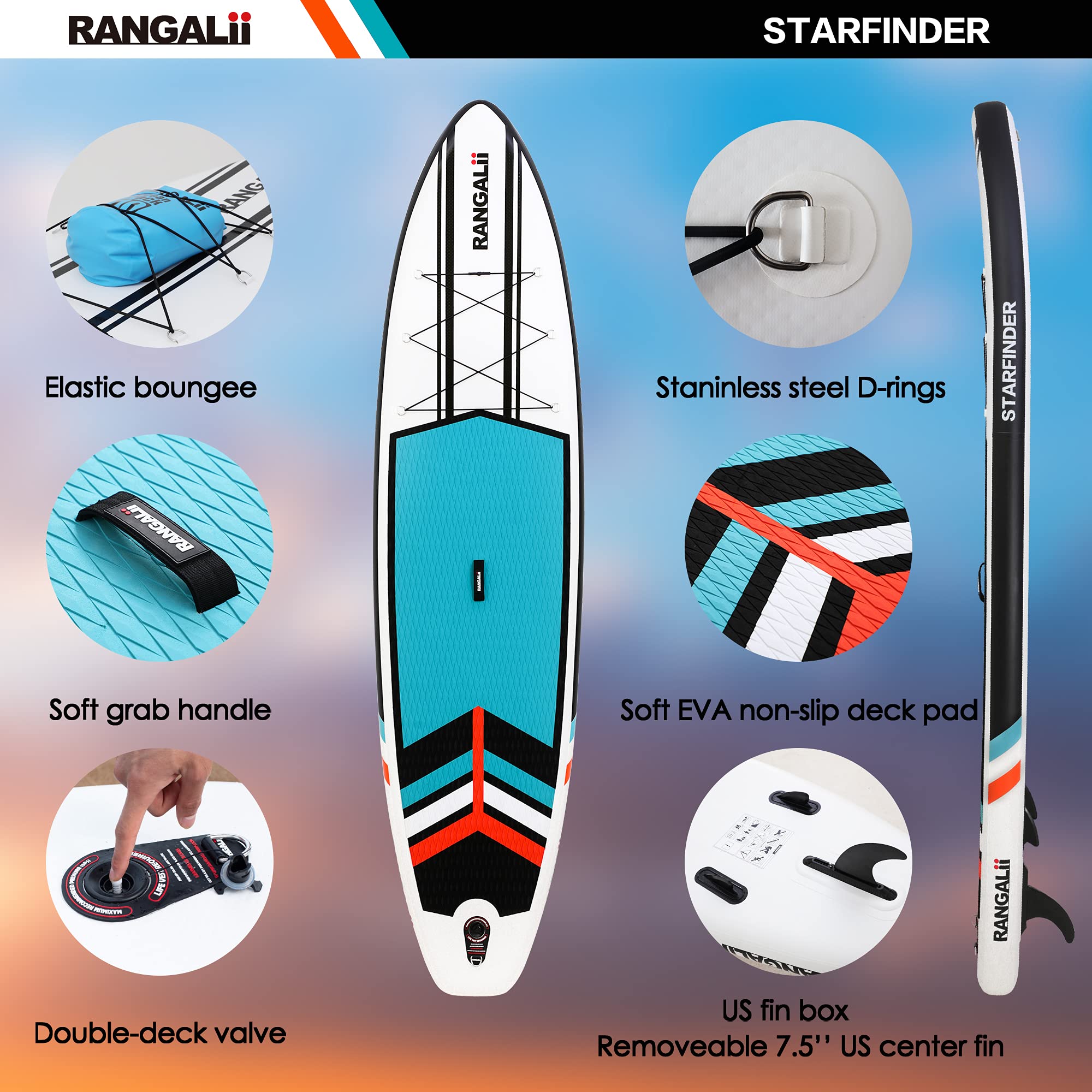 RANGALii 11' Foot Inflatable SUP Stand Up Paddle Board(32" Wide, 6" Thick) Durable with Adjustable Paddle, Backpack, Pump and Leash (Lake Blue)