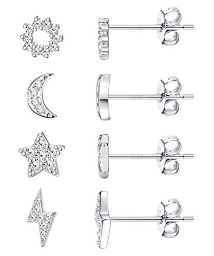 MILACOLATO Cubic Zirconia Stud Earrings | 14K White Gold Hypoallergenic Sterling Silver Stud Earrings | Lightning Bolt Moon Star Stud Earrings for Men Women | White Gold
