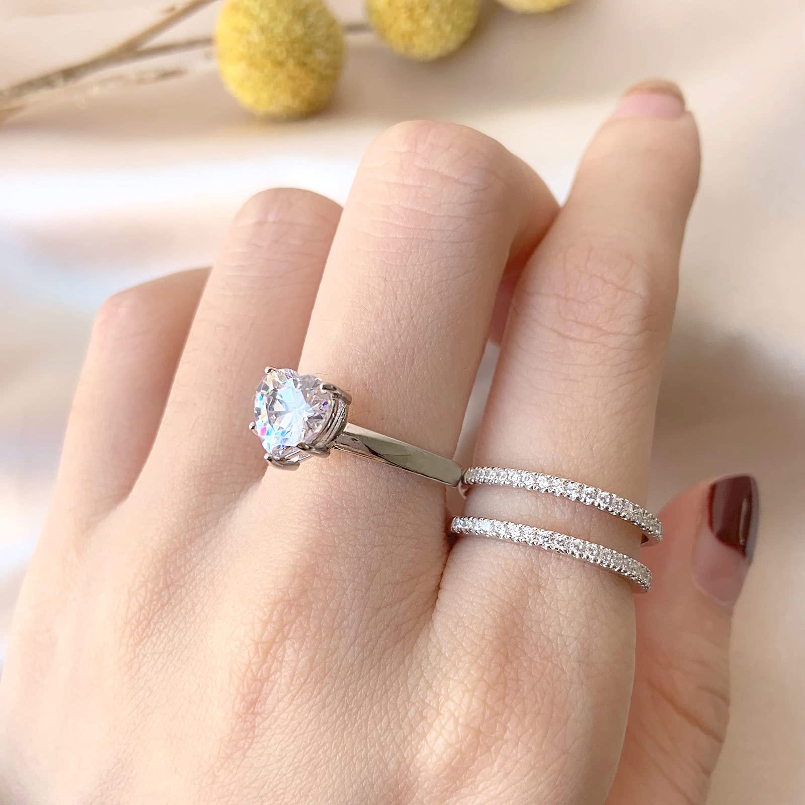 SHELOVES Solitaire Heart CZ Engagement Rings Set Sterling Silver Wedding Band Guard Enhancers Sz 5