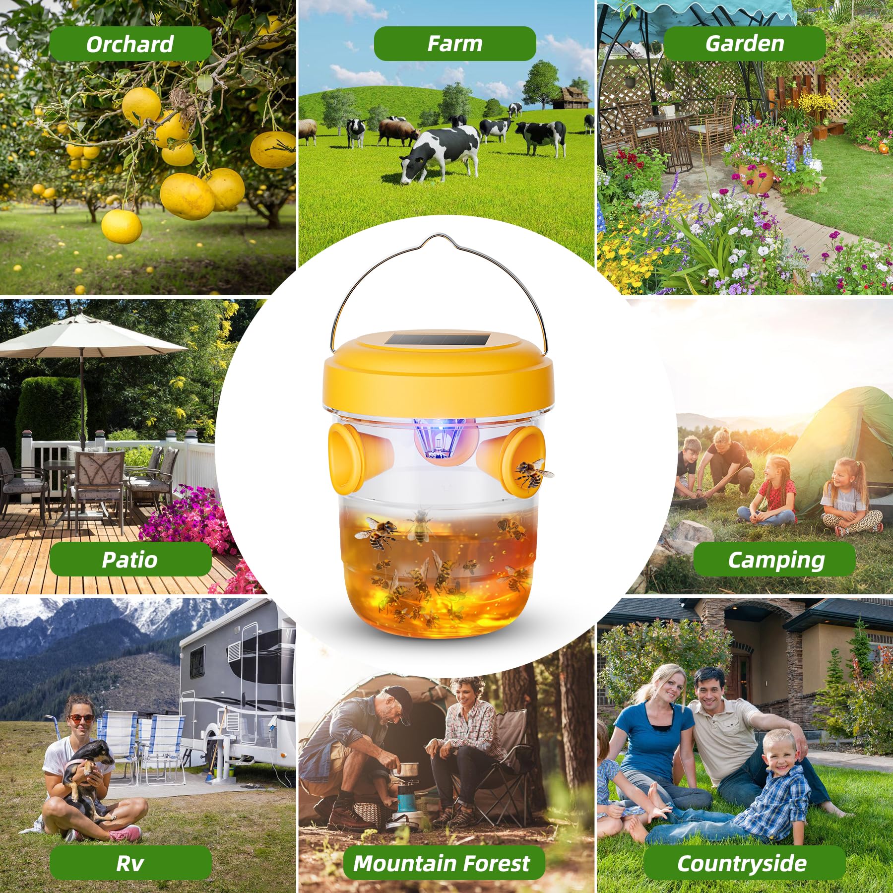 Wasp Traps Outdoor Hanging, Solar Powered Bee Traps Wasp Deterrent Killer Carpenter Bee Traps for Outside, 2024 Upgrade Flying Insect Traps Reusable Yellow Jacket Hornet Catcher with LED (4 Packs)