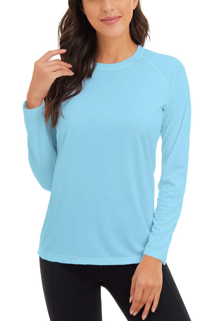 NEYOUQE Stretchy Long Sleeve Workout Crew Neck Cooling Thin Fitted Sunblock t Shirts for Women Fall Undershirts Trending Activewear Tops Lake Blue S