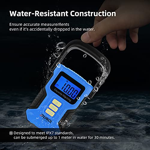 RUNCL Waterproof Fishing Scale with Lip Gripper, Fluorescent Button Digital Fish Scale 110lb/50kg - Backlit LCD Display, 40in Tape Measure - Hanging Scale for Home and Outdoor(Blue)
