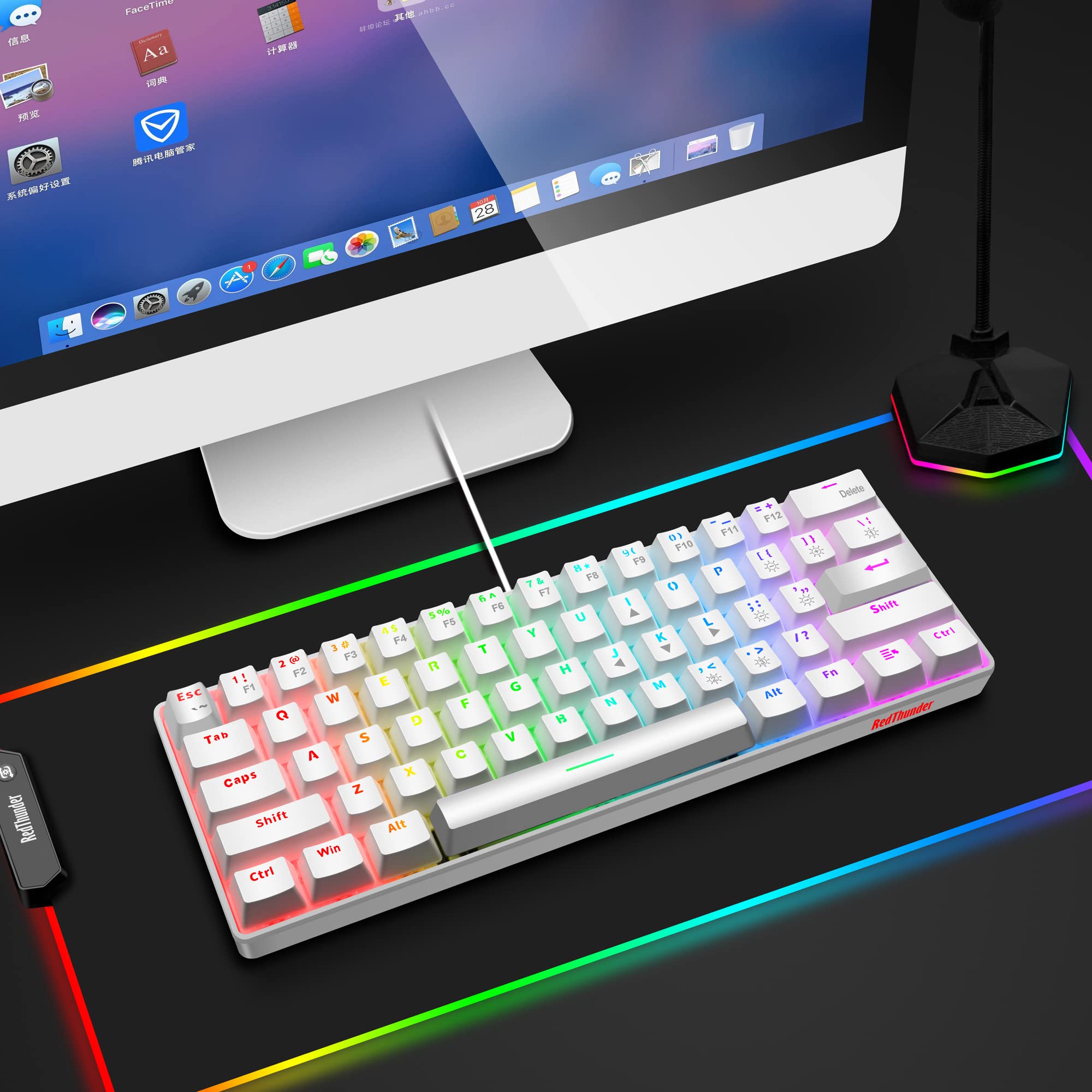 RedThunder 60% Wired Mechanical Gaming Keyboard, 61 Keys Ultra-Compact Keyboard, PBT Keycaps, RGB Backlight for PC (Red Switch, White)