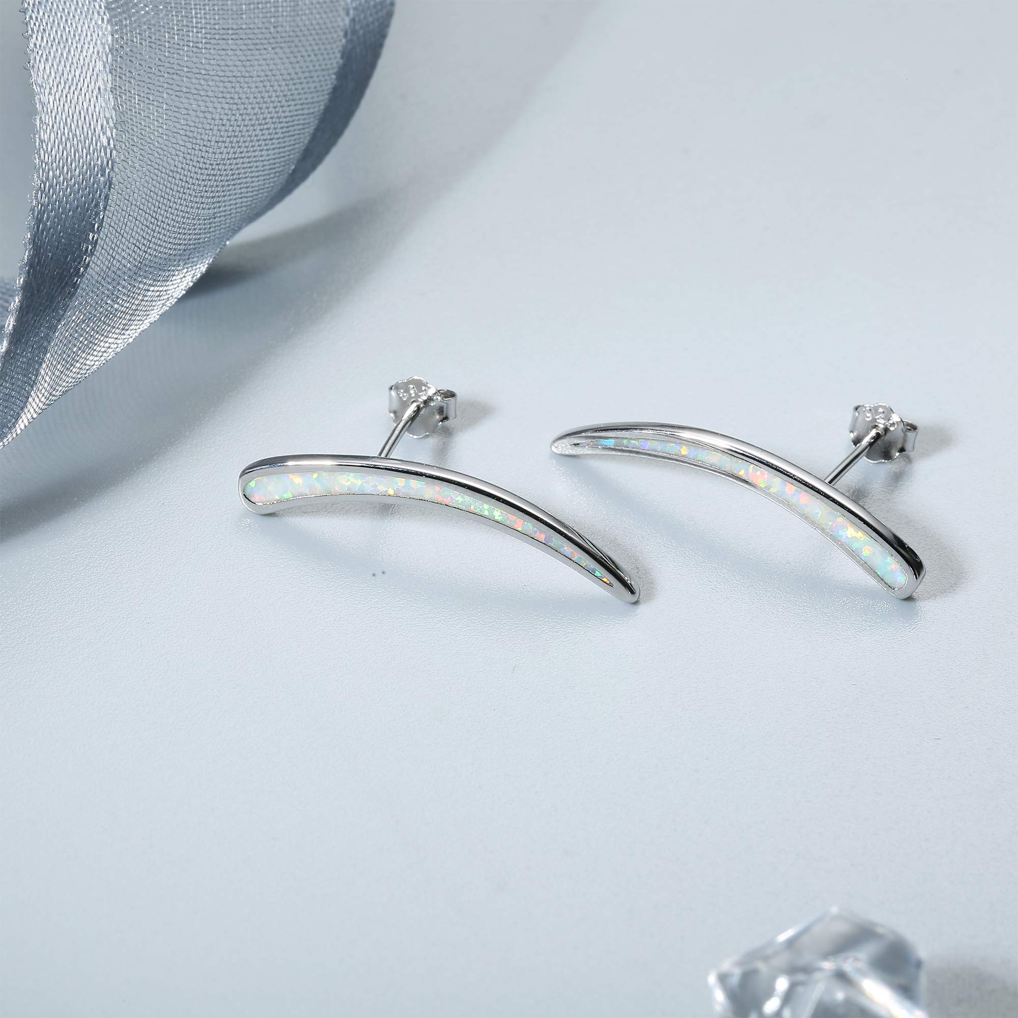 Milacolato Opal Ear Cuff Earrings 925 Sterling Silver Created Fire Opal Bar Crawler Climber Earrings Jewelry Gifts for Women, White